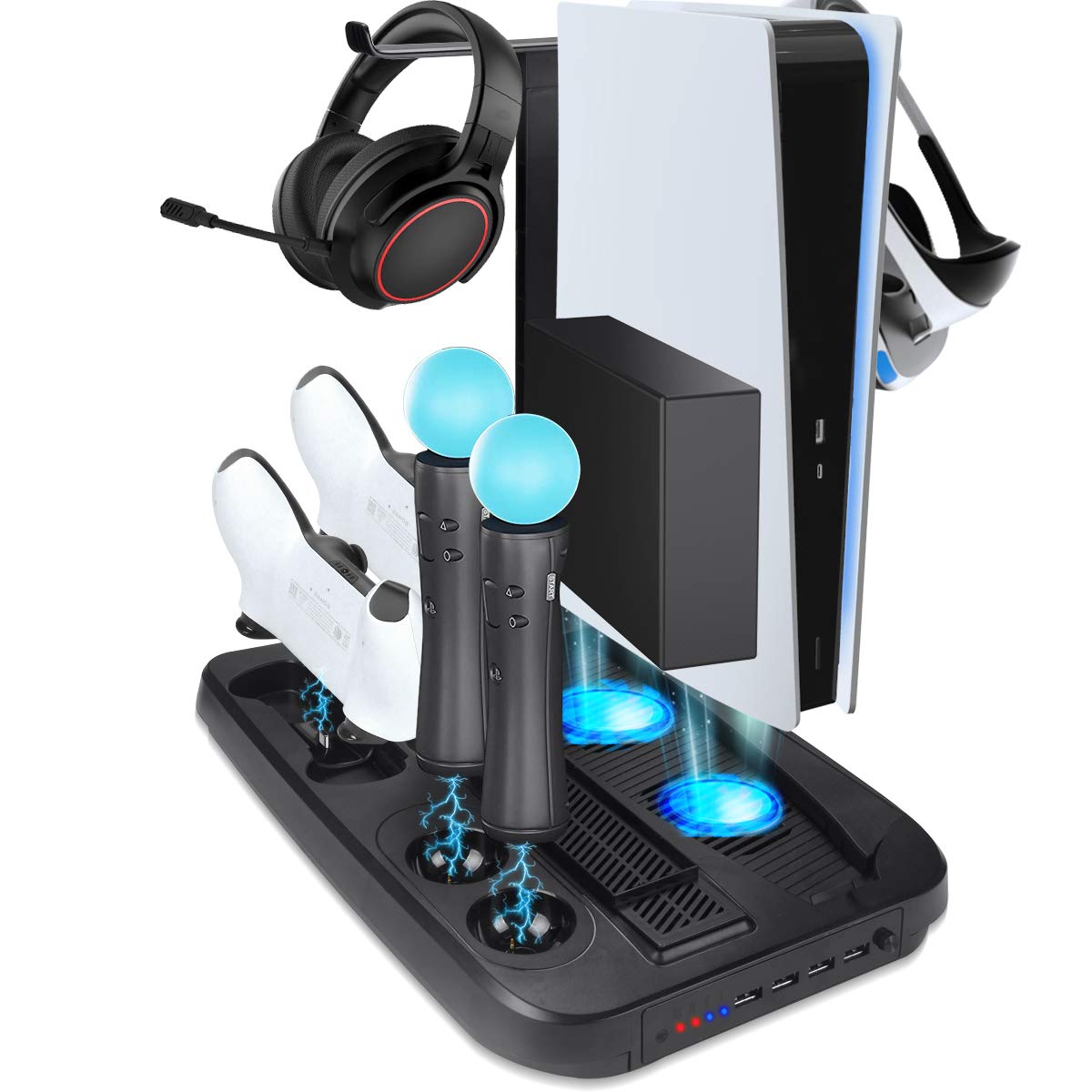 PS5 Charging Stand for Playstation 5/PS5 Ultra HD with Cooling Fan/P-Move Controller Charger/P-VR 1/2 Converter Storage Stand,PS5 Vertical Station Dock with 4 Controller Chargers Game Storage