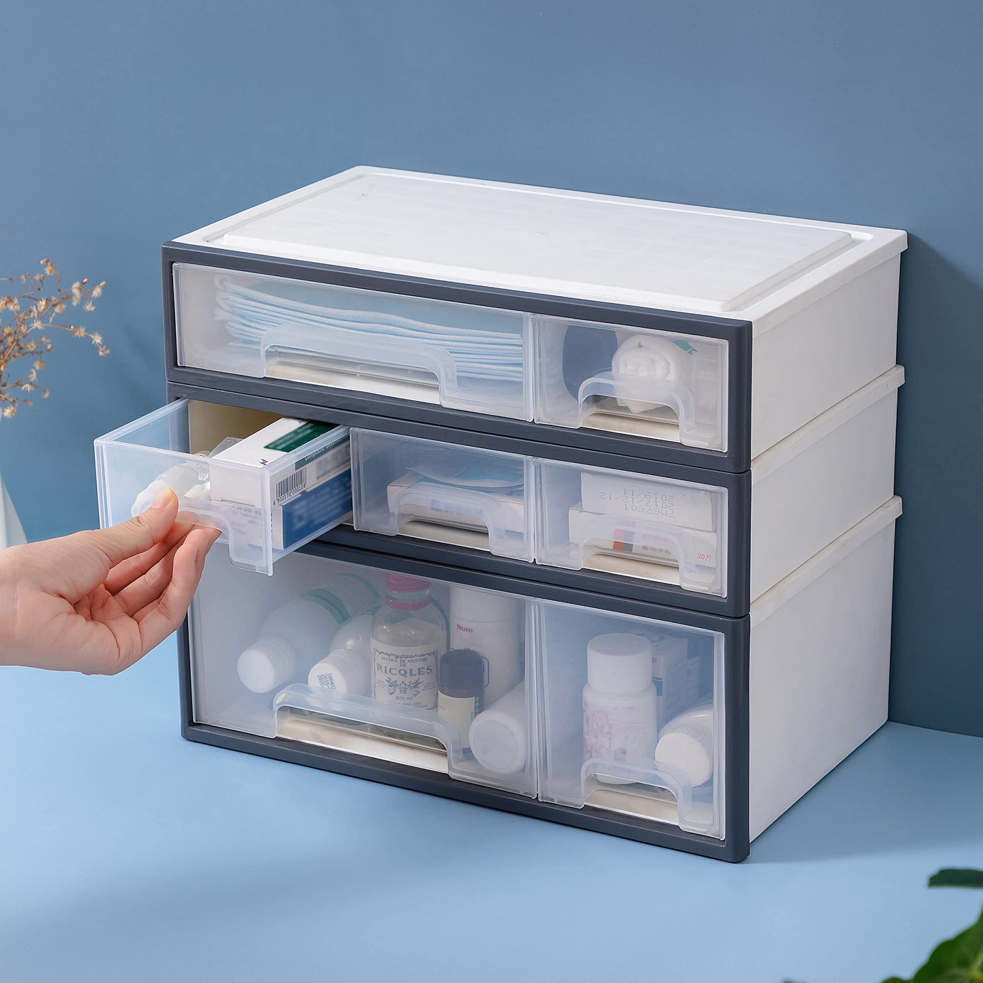 ROSELIFE Cosmetic Storage Box, Makeup Organizer, [TEAB] Drug Organizer Storage Box, Medicine Storage, Desktop Stationery Organizer, Kitchen Spices Organizer, 4 Pieces 8 Drawers, 5 Slots, Transparent