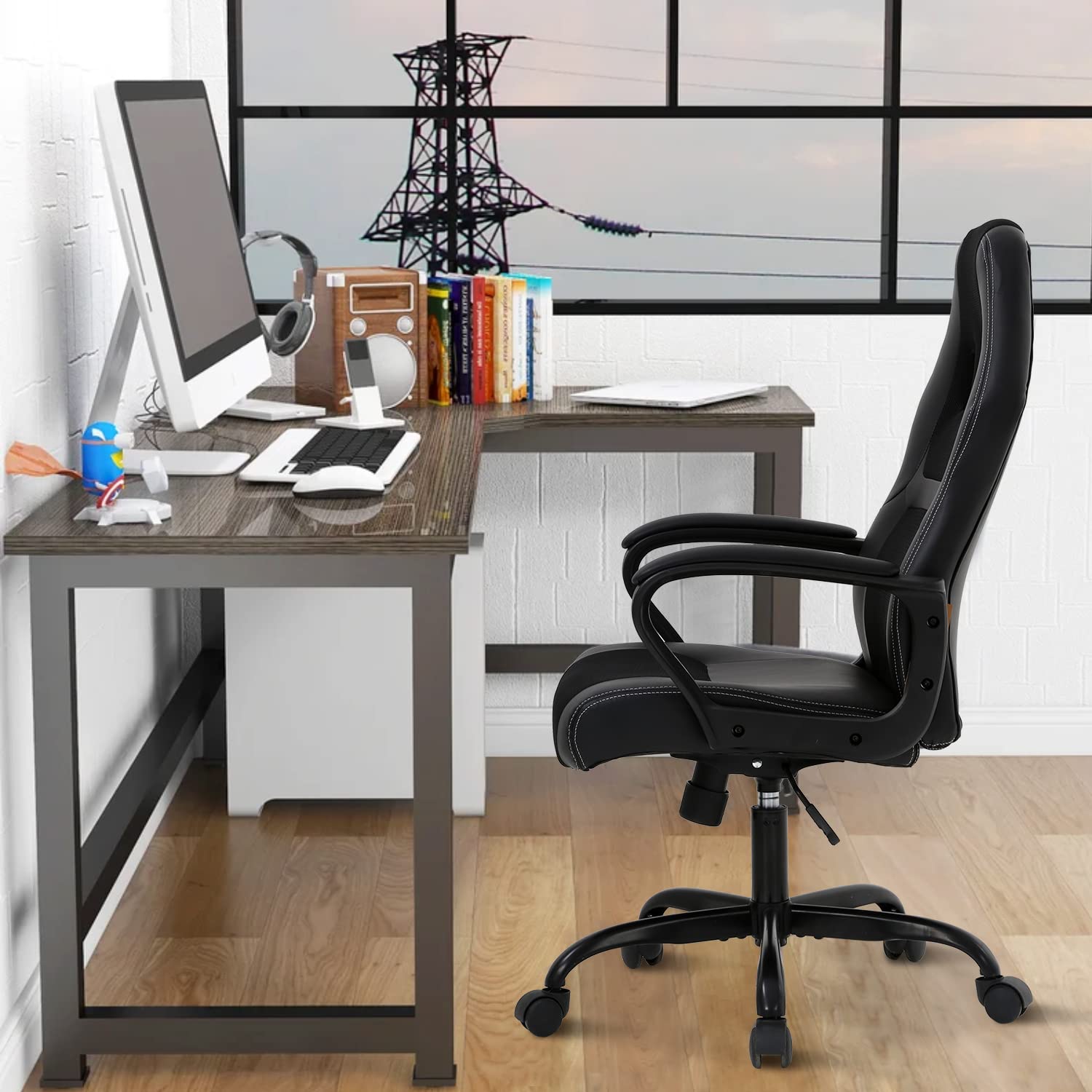 Office Chair Ergonomic Executive Desk Chair,Racing PC Gaming Chair with Lumbar Support, Comfortable Mesh Home Computer Chair High Back Leather Swivel Task Chair for Adults, White