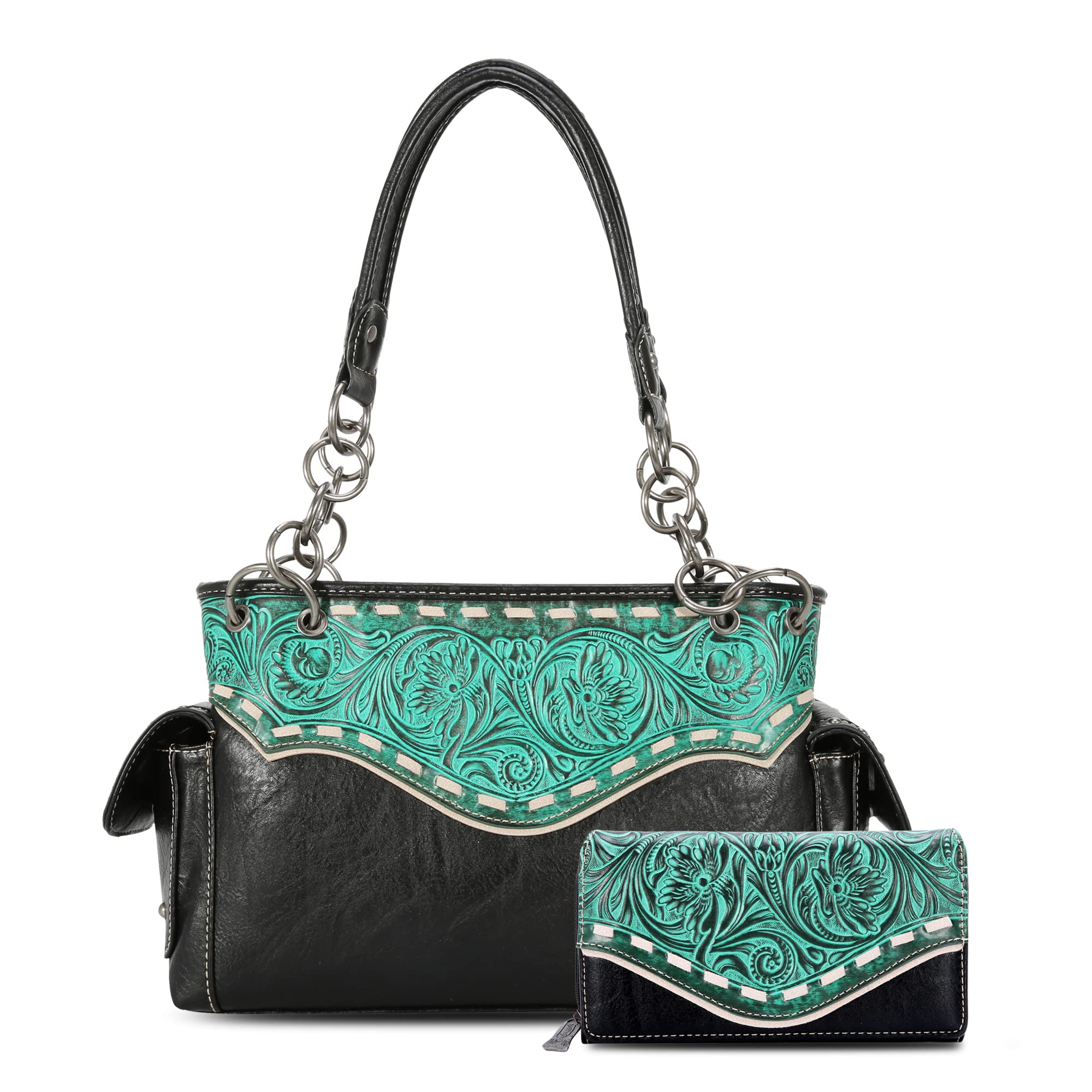 Trinity Ranch Western Purses for Women Satchel Tooling Leather Satchel Hobo Tote Bag Shoulder Handbags with Wallet TR150G-8085BK+W