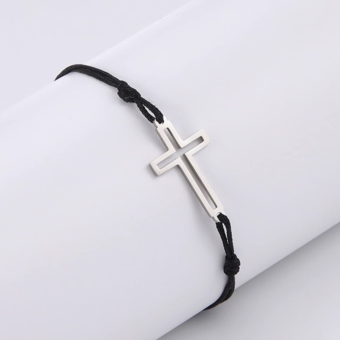 UNIFT Cross Bracelet For Women Men Stainless Steel Hollow Out Cross Adjustable Sideways Double Rope String Bracelet Christian Catholic Jewelry (silver, Stainless Steel)