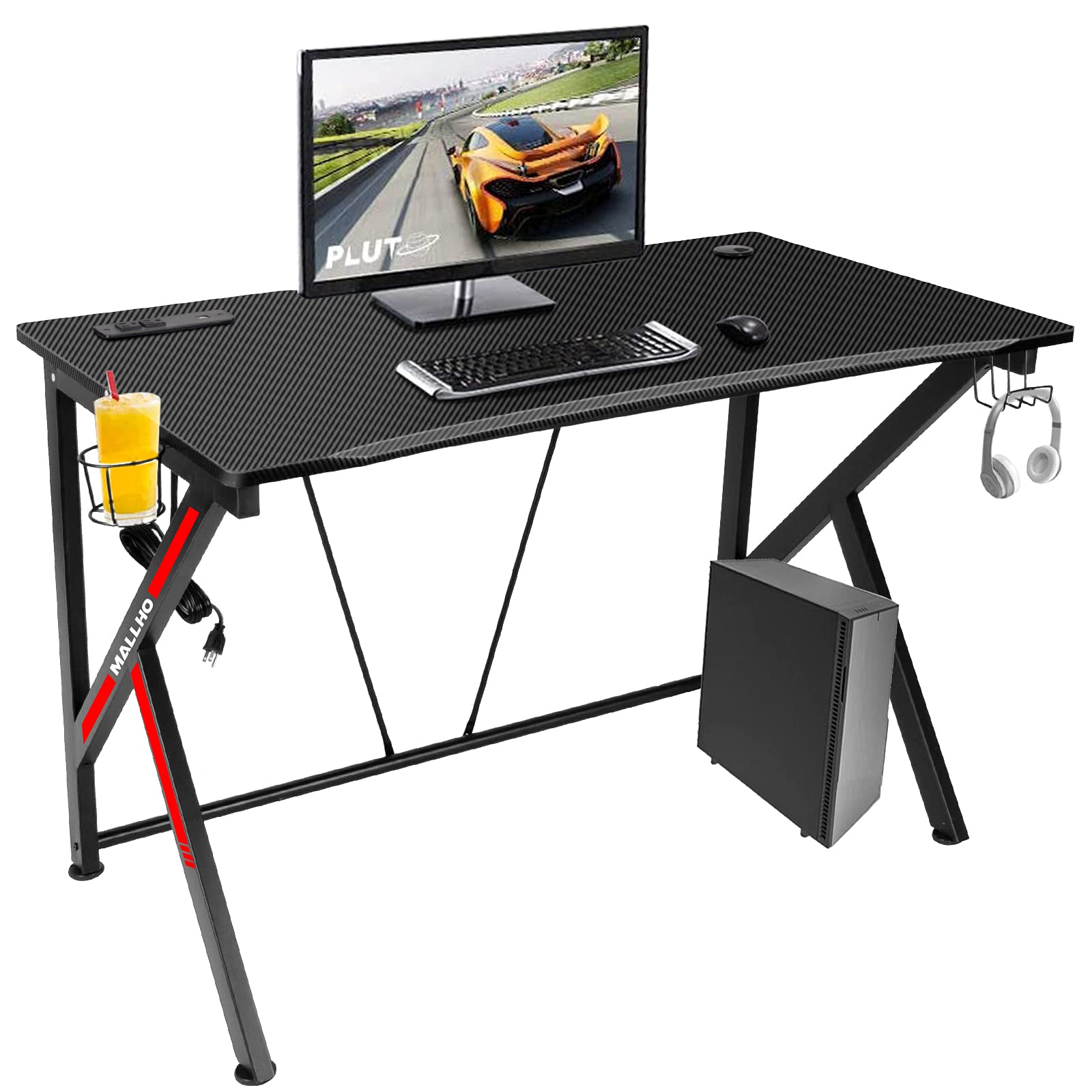 Polar Aurora K-Shaped Gaming Desk 45.1" W x 28.6" D Home Office Computer Table, Black Gamer Workstation with Cup and Headphone Hooks, Cable Management Hole and Built-in Multi-Function Socket(RED)