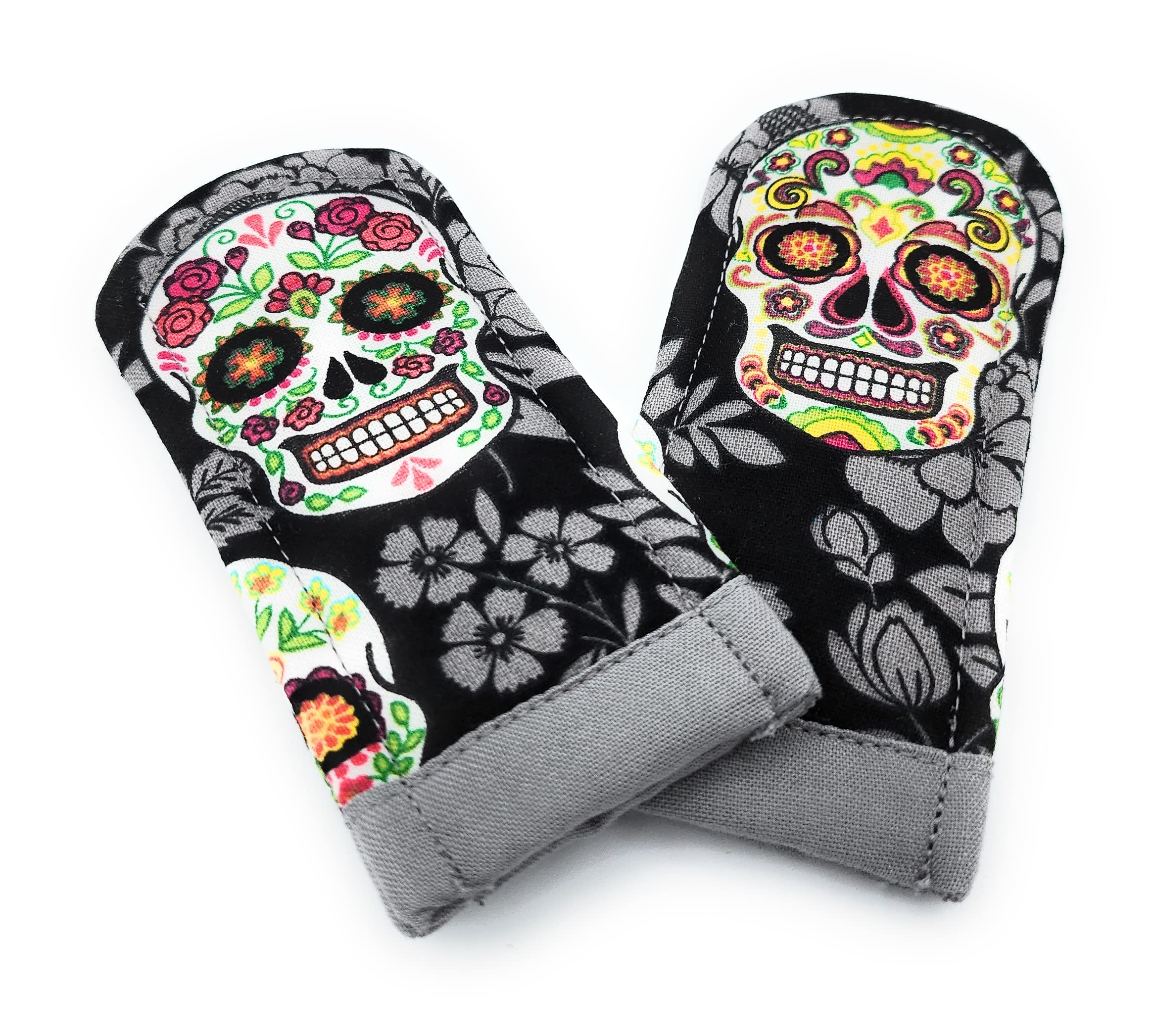 Sugar Skull Themed Pot Handle Holder Set of 2 Pair Cast Iron Skillet Pan Mitt Día de Muertos Kitchen Linens Day of the Dead Quilted Hot Pads Insulated Trivets Handmade