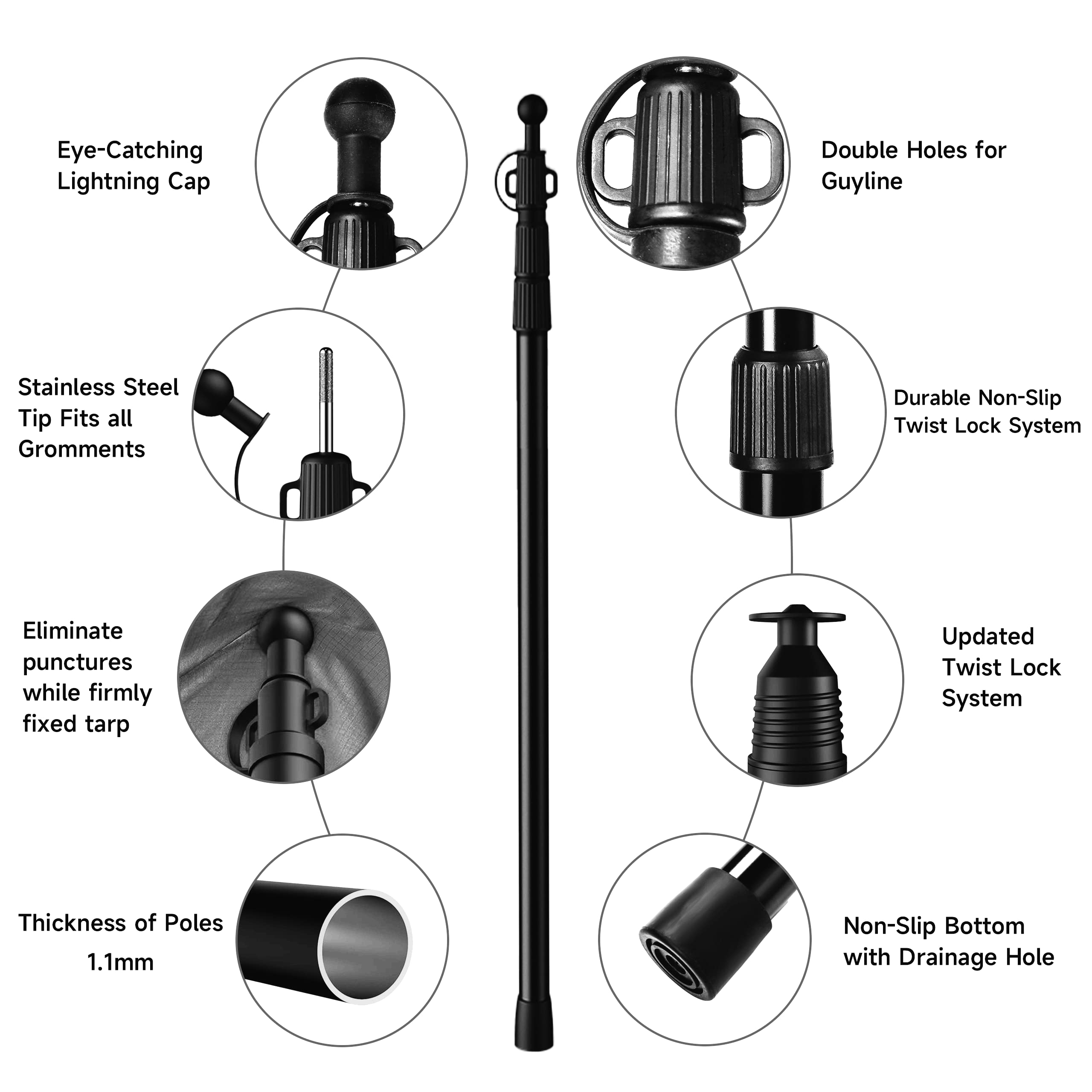 TORUK Aluminum Tarp Poles | 94.5" Adjustable Camping Tent Poles | Lightweight Shade Pole for Canopy Awning Shelter Backpacking Hiking