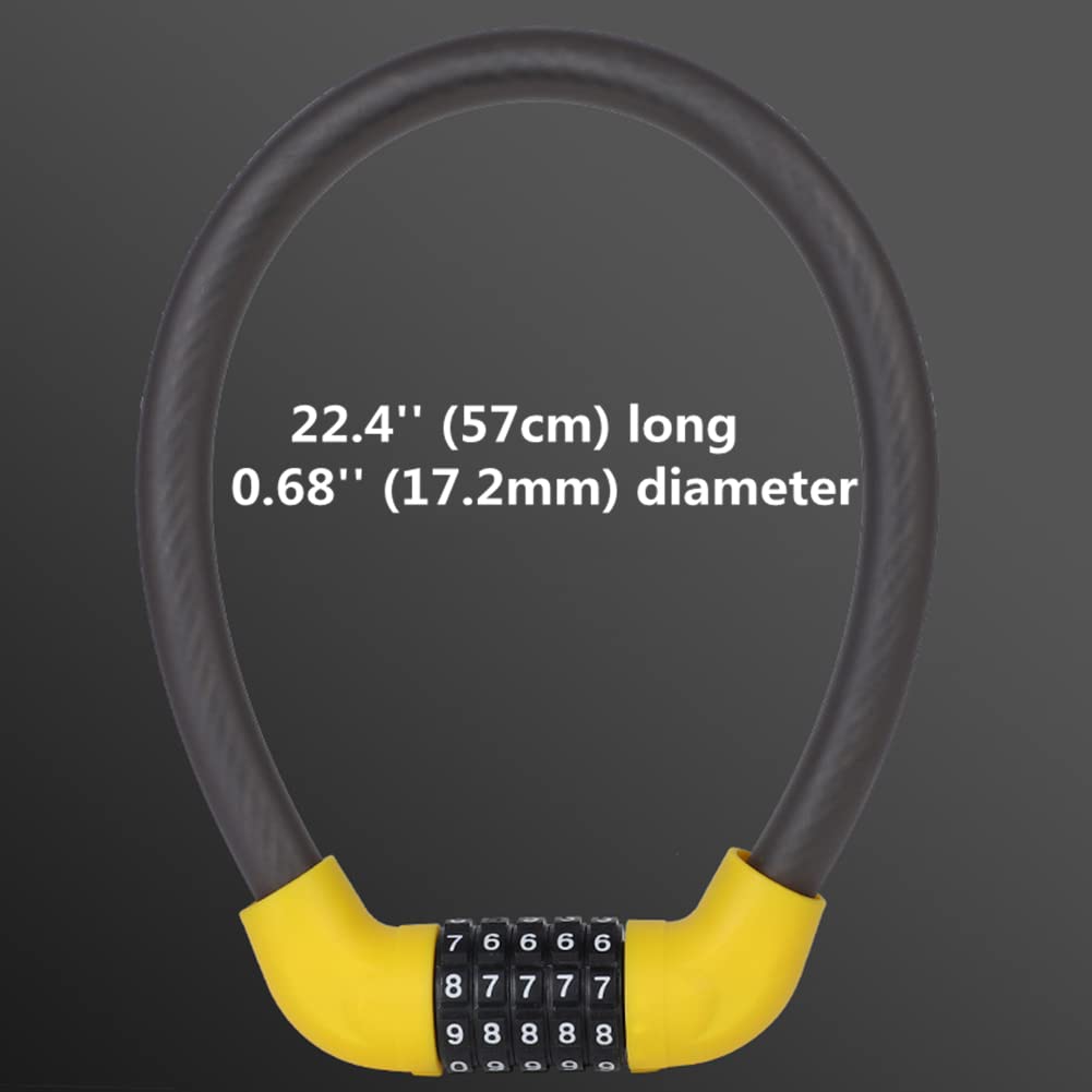 YUNNUO Bike Lock Portable Combination Bike Lock Cable 5 Digit Resettable Combination Cable Lock for Bicycle 22inch (Yellow)