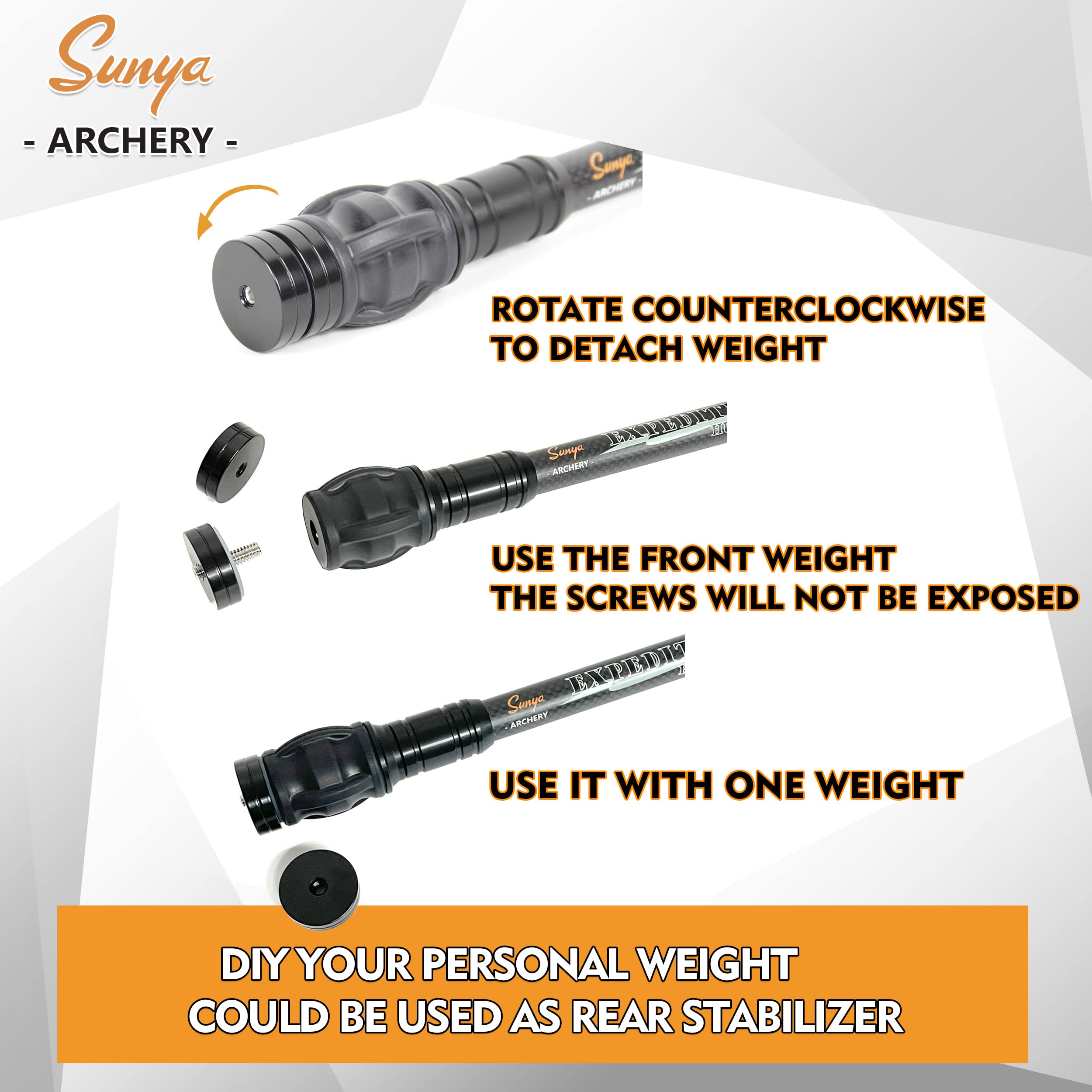 SUNYA Archery Bow Stabilizer for Compound Bow, Carbon Fiber Body Flexible Core with Damping System and Weights, Expedition Pro Series,Fit Bow Wrist Sling (Black Carbon, 10")