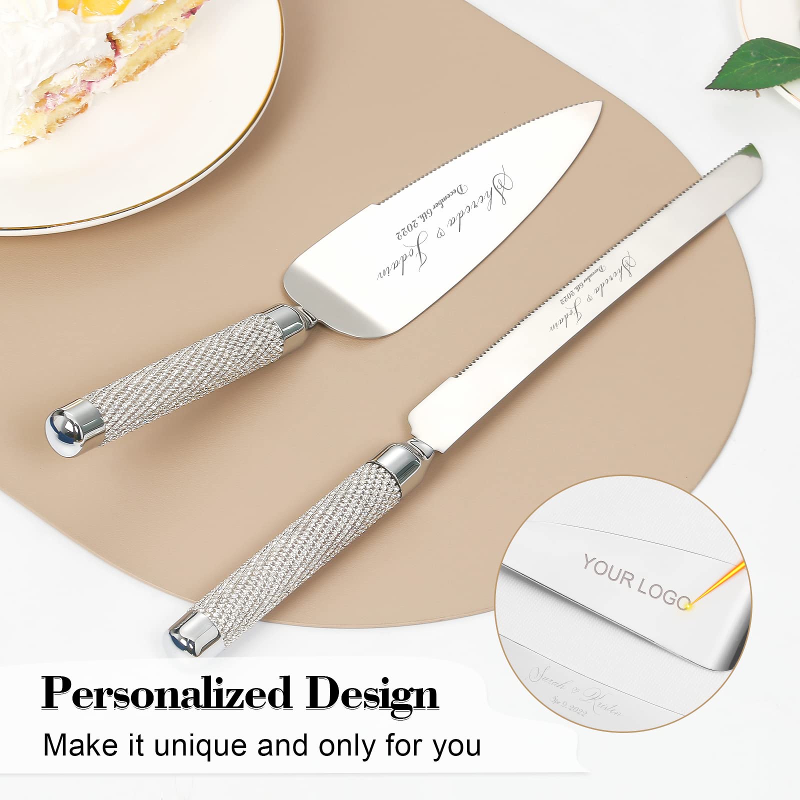 Wedding Cake Knife and Server Set, Personalized Cake Cutting Set, Engraved Elegant Cake Cutters With Sparkling Diamonds, Custom Pie Spatula and Cake Knife, Birthday Bridal Quinceañera Gift (Silver 3)
