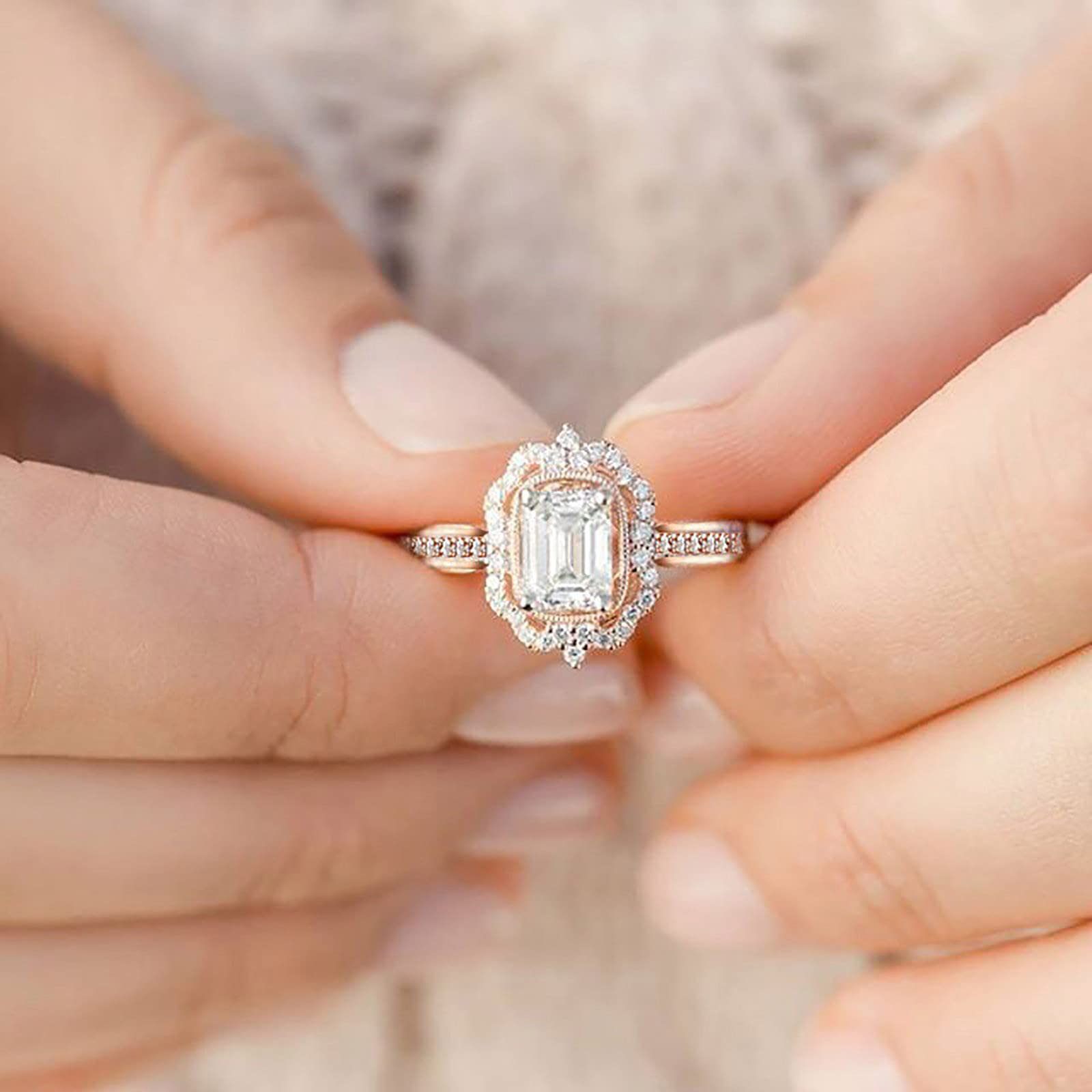 Women's Bling Simulated Diamond Ring Engagement Wedding Ring Fashion Zircon Statement Band Vintage Rings (Rose Gold, 8)