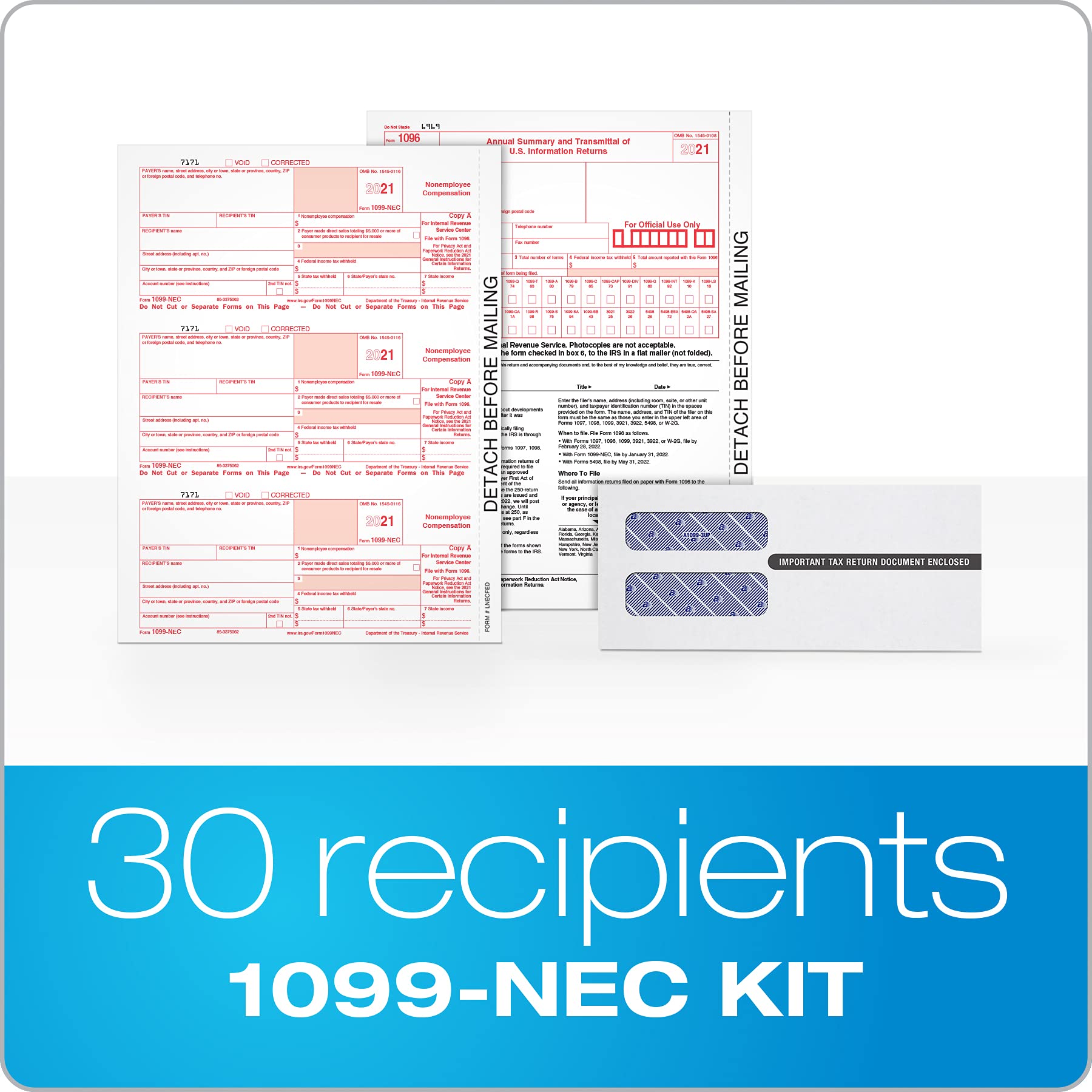 TOPS 1099 NEC 3 Up Forms 2021, Tax Forms Kit for 30 Recipients, 5 Part NEC Tax Form Sets with Self Seal 1099 Envelopes and 3 1096 (TX22905KIT-NE21)