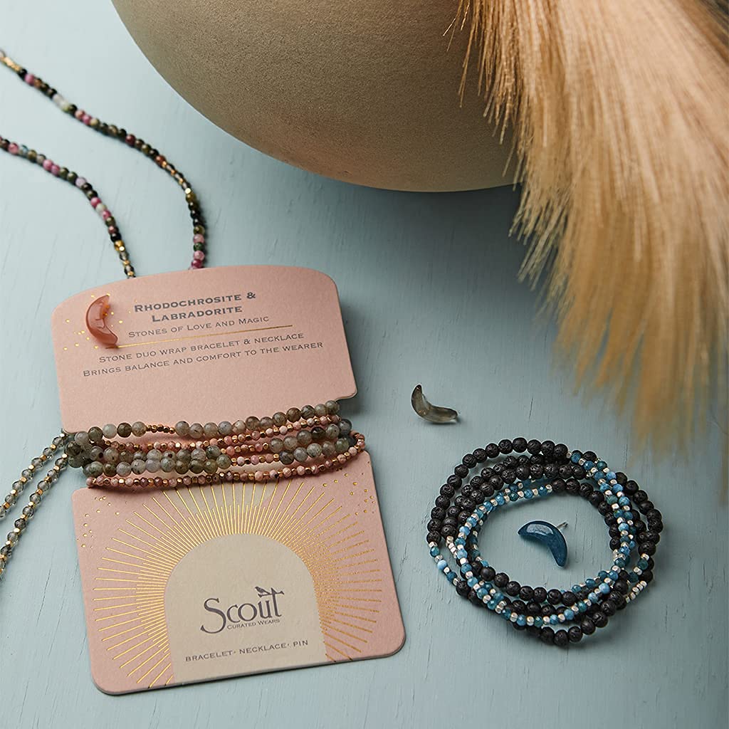 Scout Curated Wears - Women's Stone Duo Wrap Bracelet/Necklace/Pin - Lava & Apatite/Silver