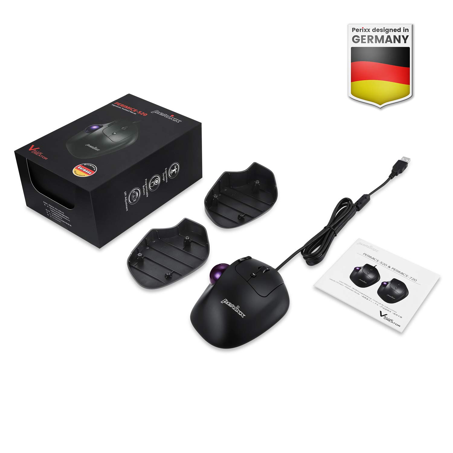 Perixx PERIMICE-520 Wired USB Ergonomic Programmable Trackball Mouse, Adjustable Angle, 8 Button Design, Black (PM-520-11447)