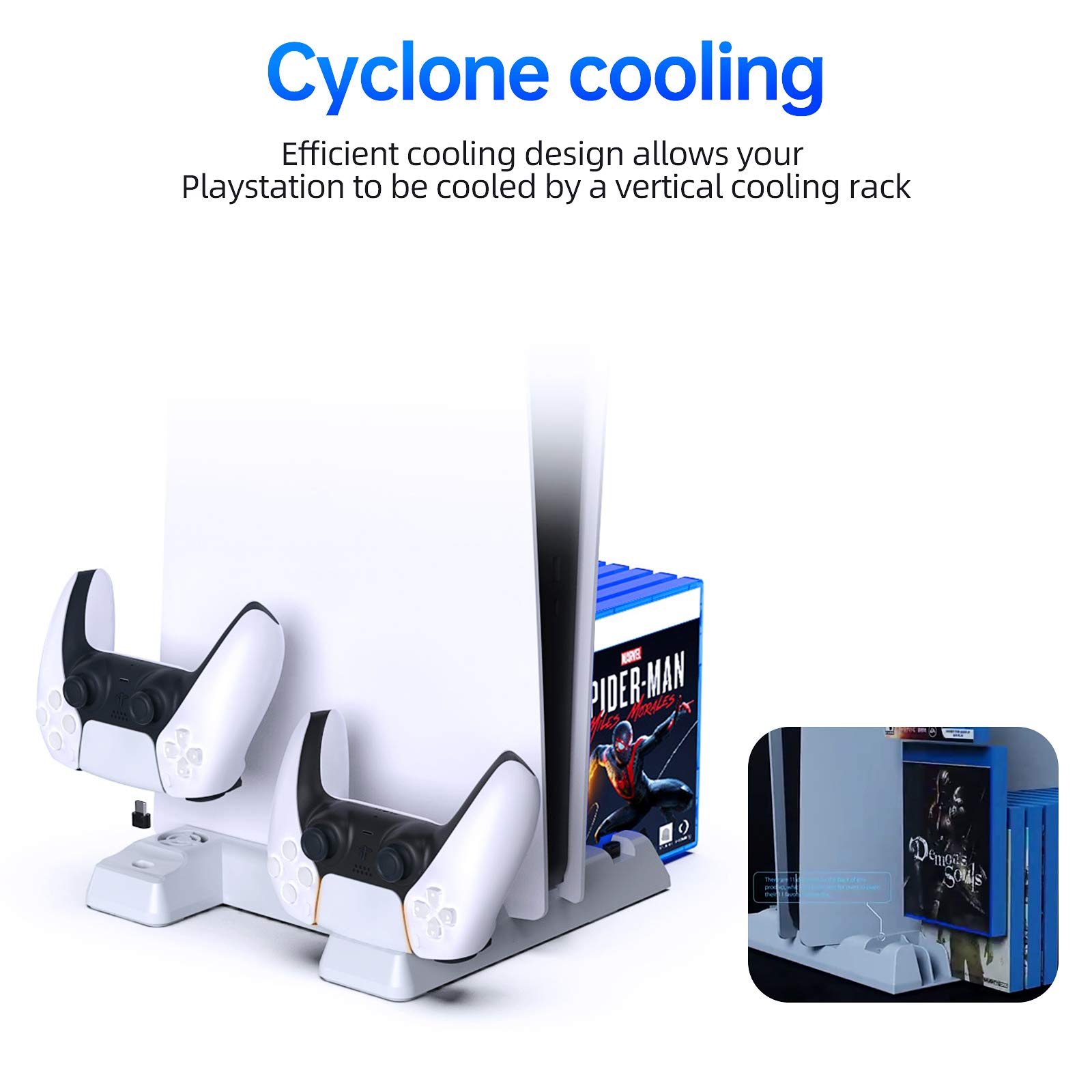 PS5 Stand with Suction Cooling Fan and Dual Controller Charger Station with Charging Dock Station and 12 Game Slots- 2 IN1 Cable Included