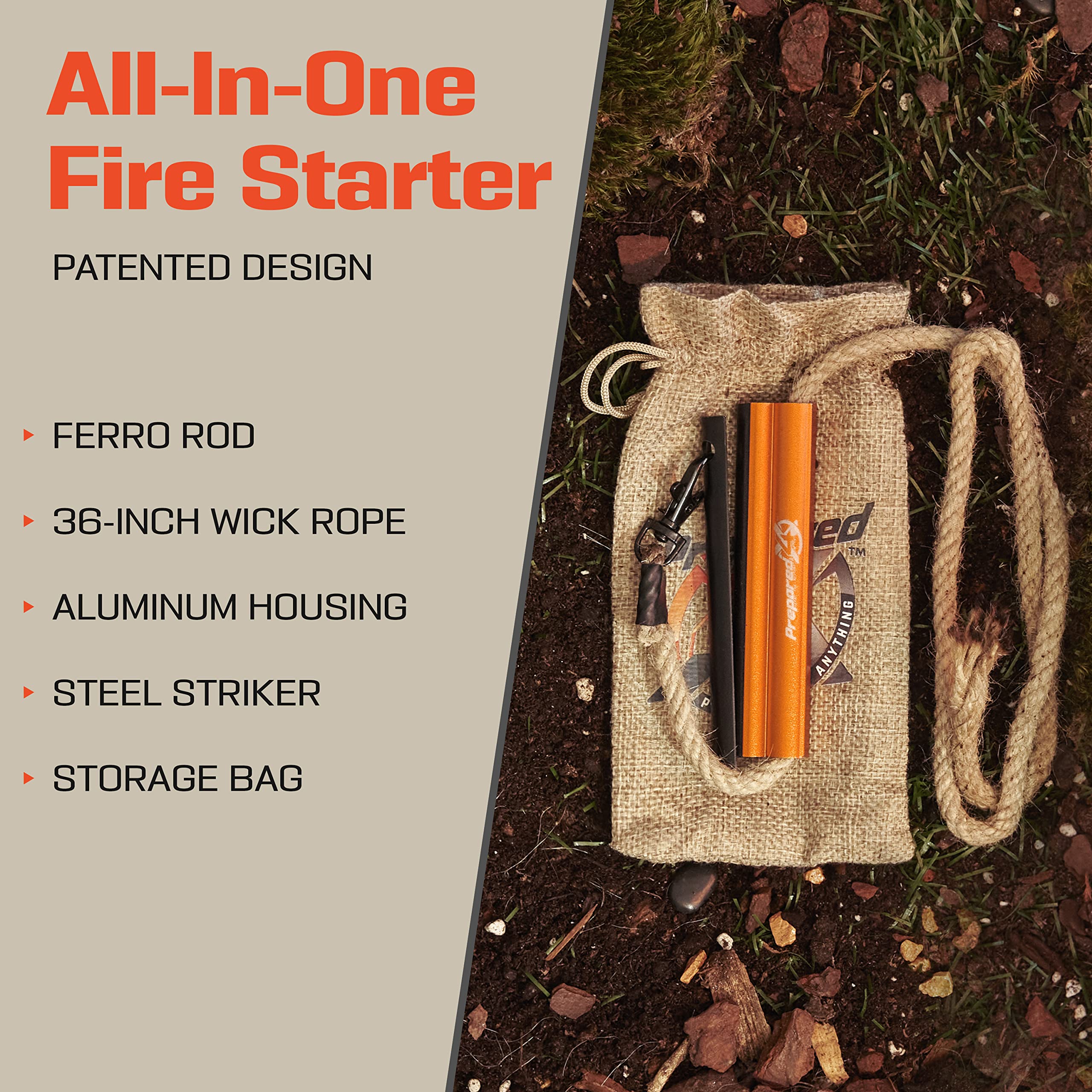 PREPARED4X Fire Starter Survival Tool – Ultimate All-in-one Ferro Rod, Flint and Steel, 36" Waterproof Tinder Wick Rope, Patented Fire Starter Kit – 6” x 1/2” Fire Steel (Large)