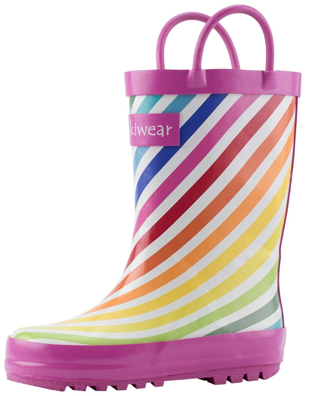 OAKI Kids Rain Boots with Easy-On Handles, Rainbow Stripes, 2Y US Big Kid