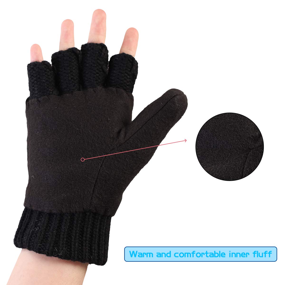 OMECHY Winter Knitted Fingerless Wool Gloves Thermal Insulation Warm Convertible Mittens Flap Cover for Men Women