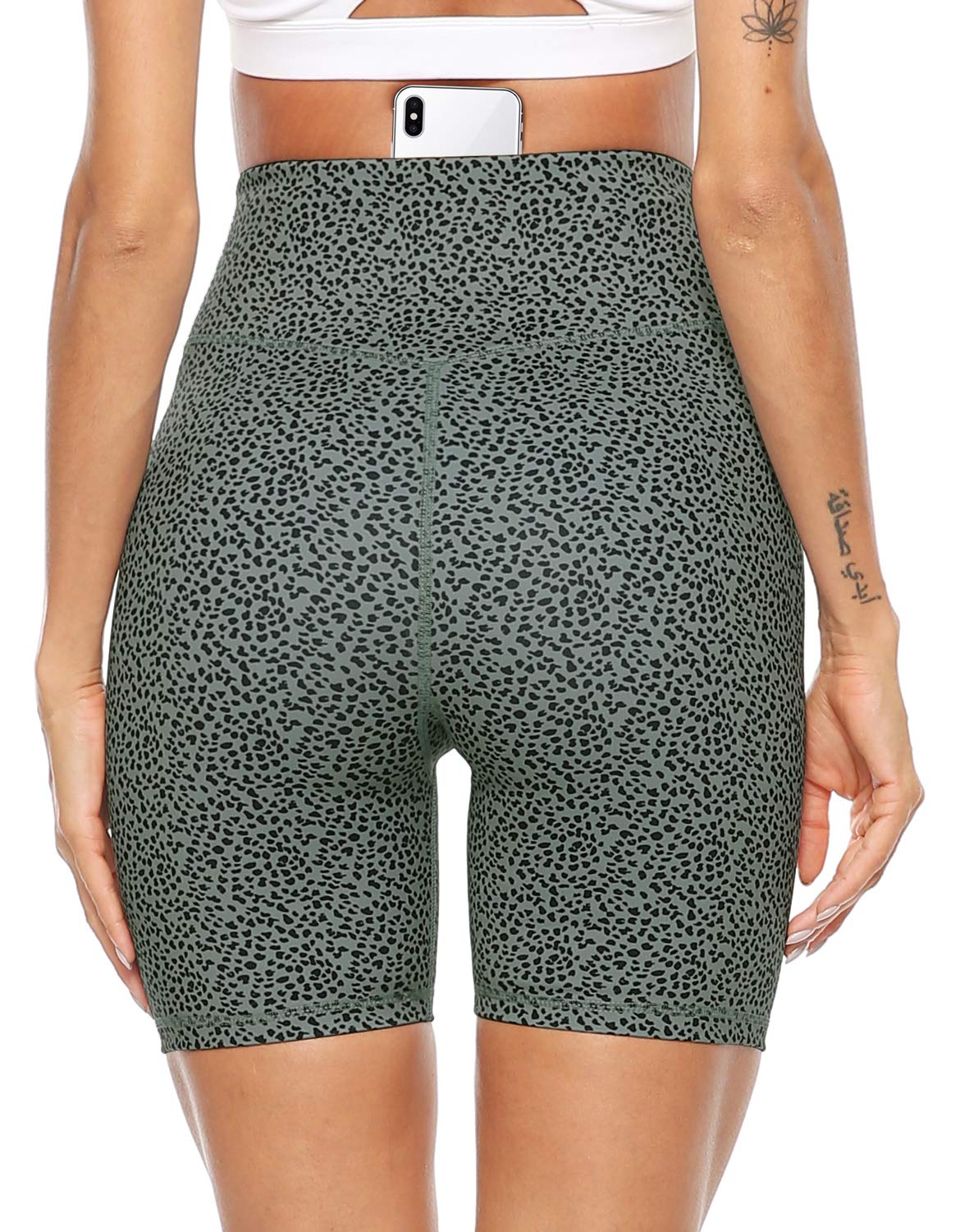 PERSIT Women's High Waist Print Workout Yoga Shorts with 2 Hidden Pockets, Non See-Through Tummy Control Athletic Shorts Bean Green Leopard