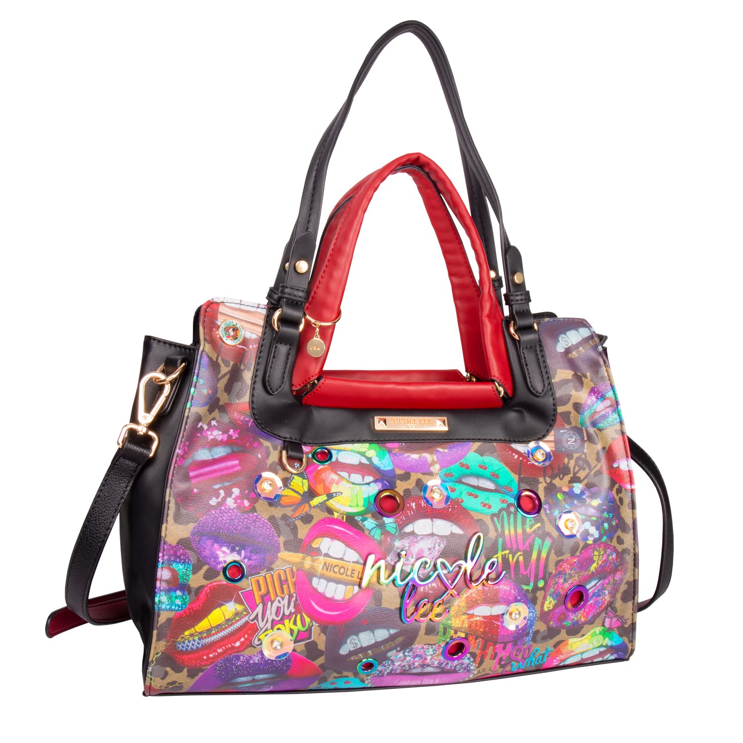 Nicole Lee All Emotion Medium Multi Strap Handbag, Leopard Lips Print Embellished Vegan Leather Handbag, Back Pocket