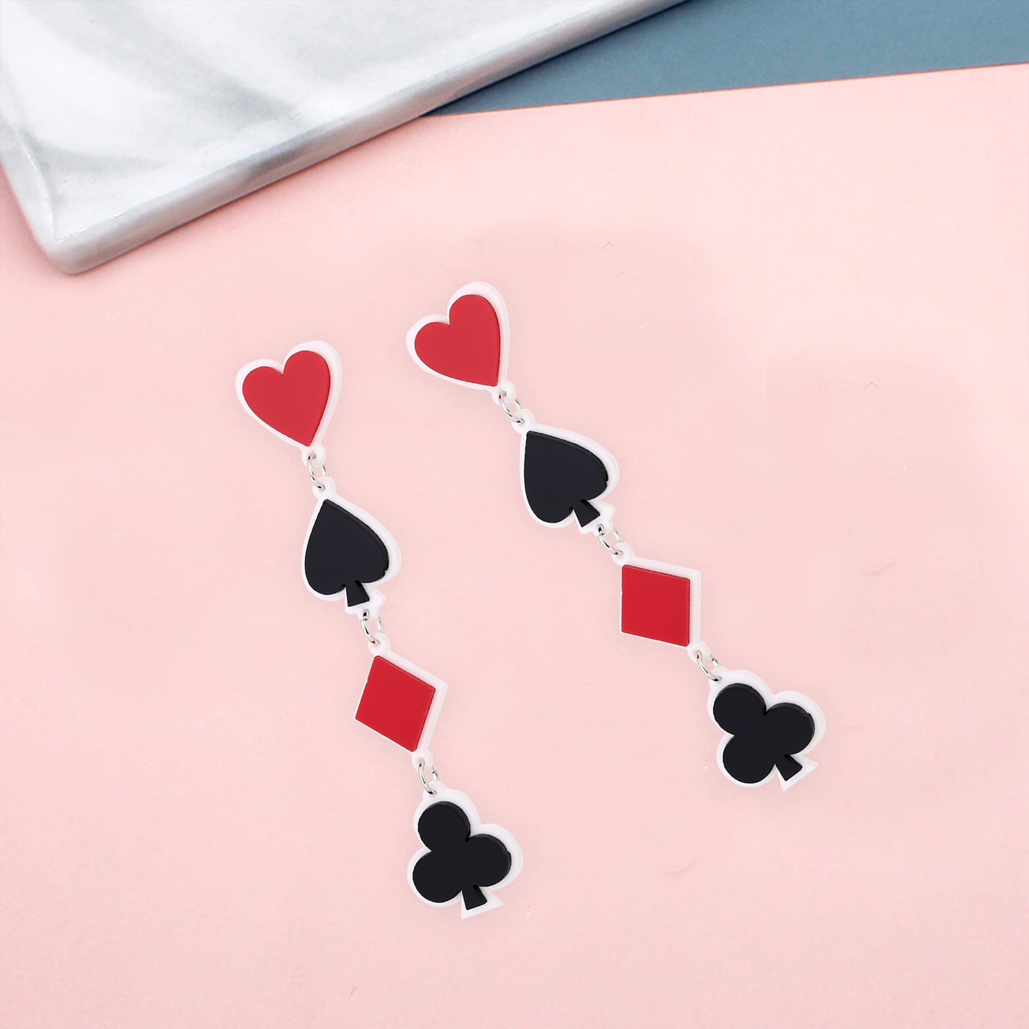 Unique Funny Playing Cards Pattern Dangle Drop Earring Personality Asymmetric Acrylic Spades Hearts Plum Poker Earrings for Women Gift Statement Nightclub Party Jewelry (Long Design)