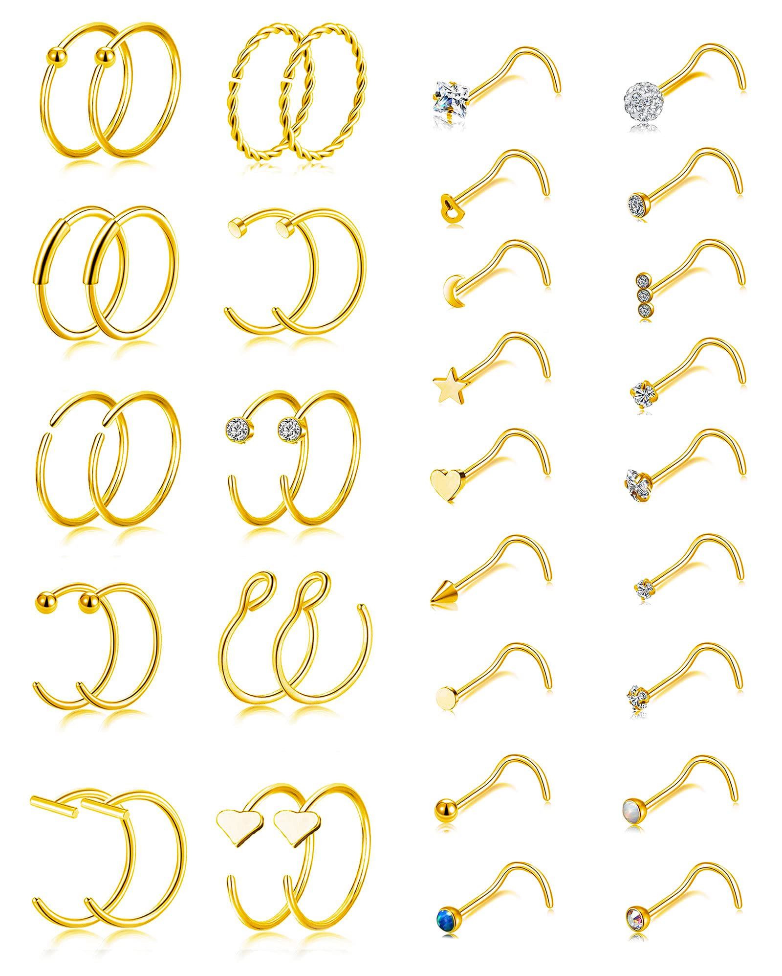 Tornito 20G 38Pcs Stainless Steel L Bone Screw Shaped Nose Studs Nose Rings CZ Hoop Tragus Cartilage Nose Ring Labret Nose Piercing Jewelry for Men Women Rose Gold Tone (G:38Pcs, Gold&Screw)
