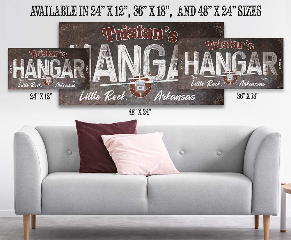 Personalized Hangar Airplane Print - Custom Print with Name and City State, Pilot Name Print and Aviation Sign, Antique Airplane Decor and Man Cave Gift, Rustic Metal Style Canvas Print 12x24