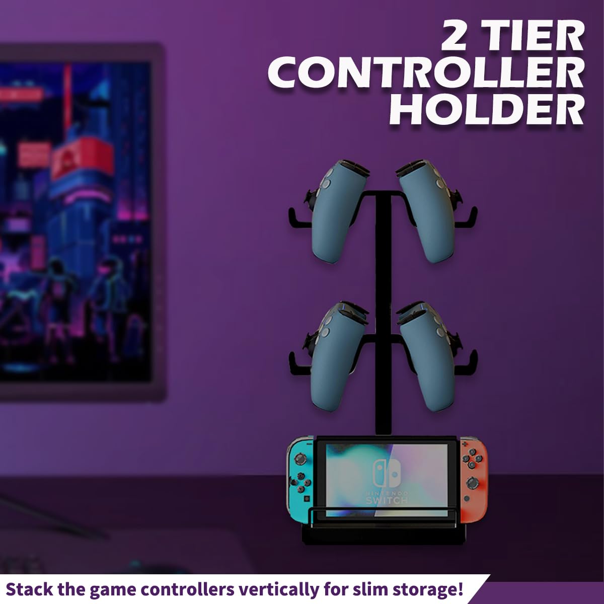 Vicosey Game Controller Stand,Controller Holder 2 Tier for Desk,Anti-Slip Stable Design Universal Storage Compatible with Gaming Accessories Headset Xbox PS5 PS4 Gamer Gifts(Black)
