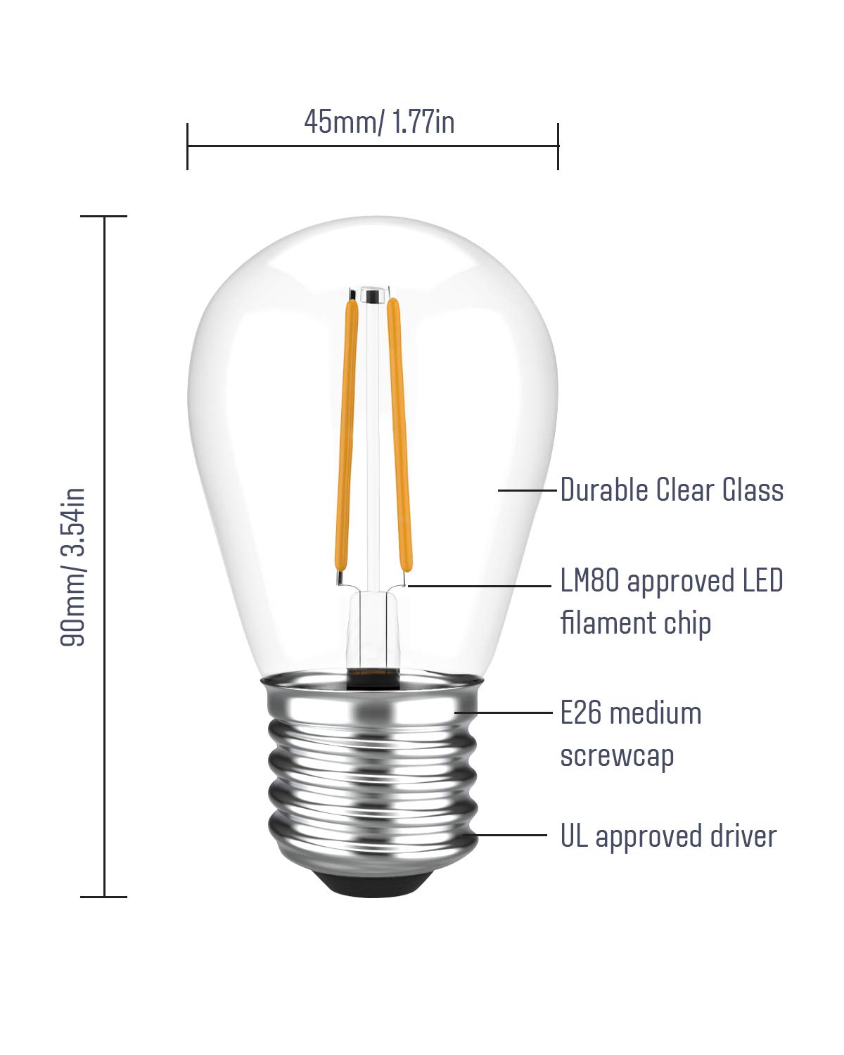 S14 LED Outdoor Edison Light Bulbs Nondimmable,for String Light Replacement, E26 Medium Screw Base,2700K 12Pack,2 Watt to Replace 11w Incandescent Bulb, Waterproof, Clear Glass
