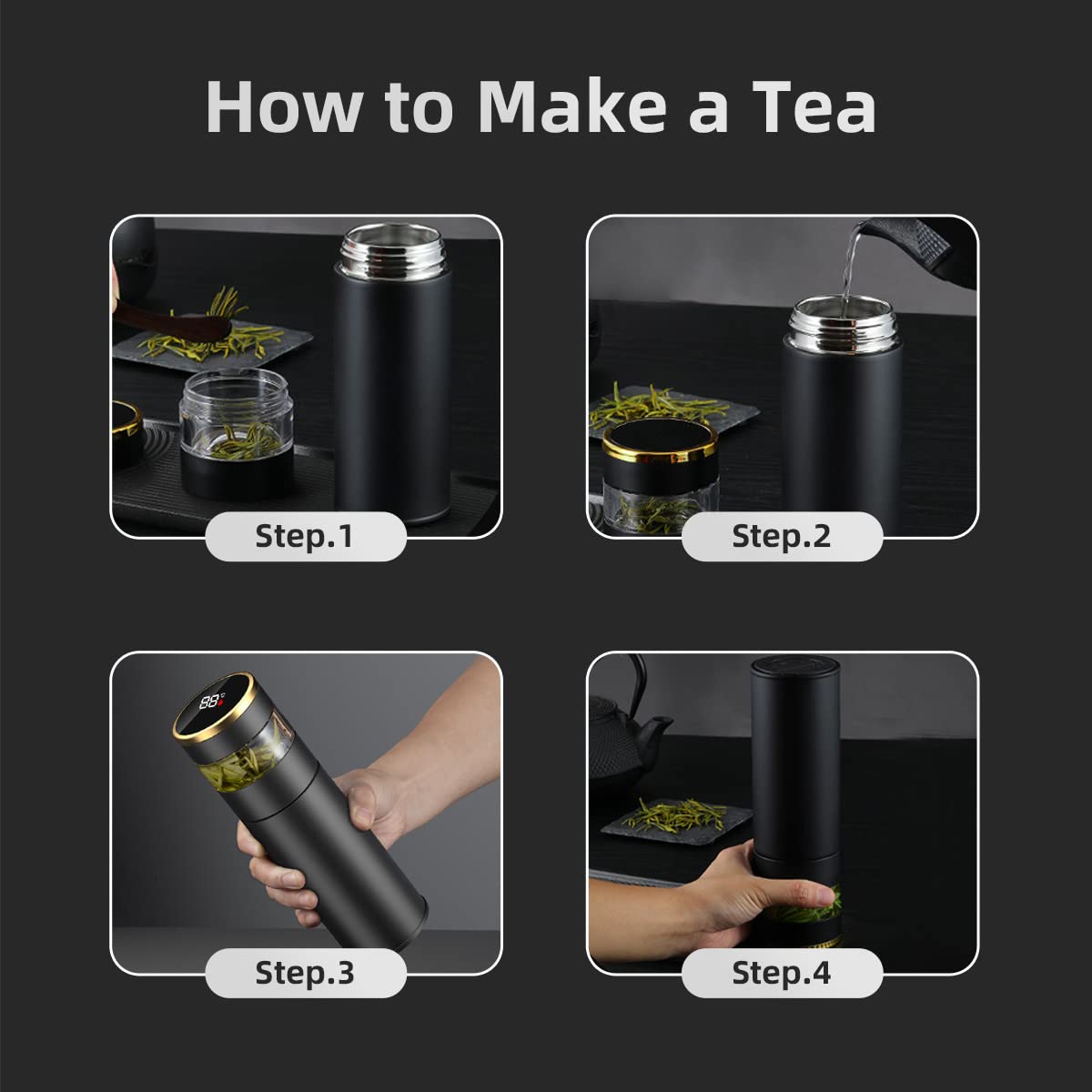Tea Infuser Bottle - Coffee thermos - Smart Sports Water Bottle with LED Temperature Display,Double Wall Vacuum Insulated Water Bottle - Travel Tea Mug with Stainless Steel Filter (Blue)