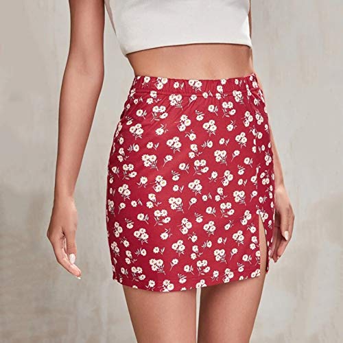 Womens Midi Skirt Flared Stretch Red Nightclub Short Side Print Hem Open Mini Sexy Women's Elastic Waist Dressy