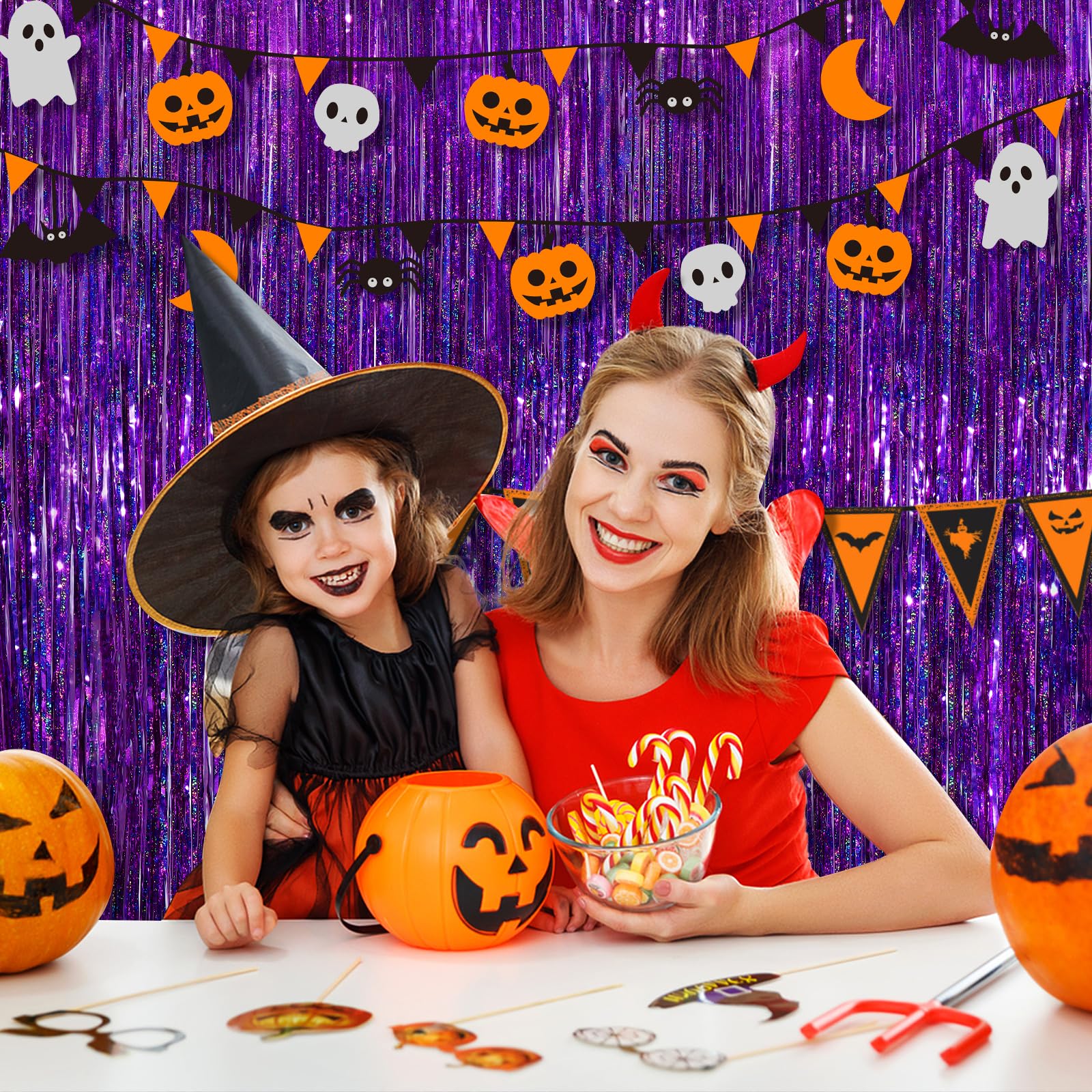 Purple Metallic Tinsel Foil Fringe Curtains, 2 Pack 3.3x8.3 Feet Streamer Backdrop Curtains for Birthday Party Decorations, Halloween Decor, Foil Curtain Backdrop for Bachelorette Party