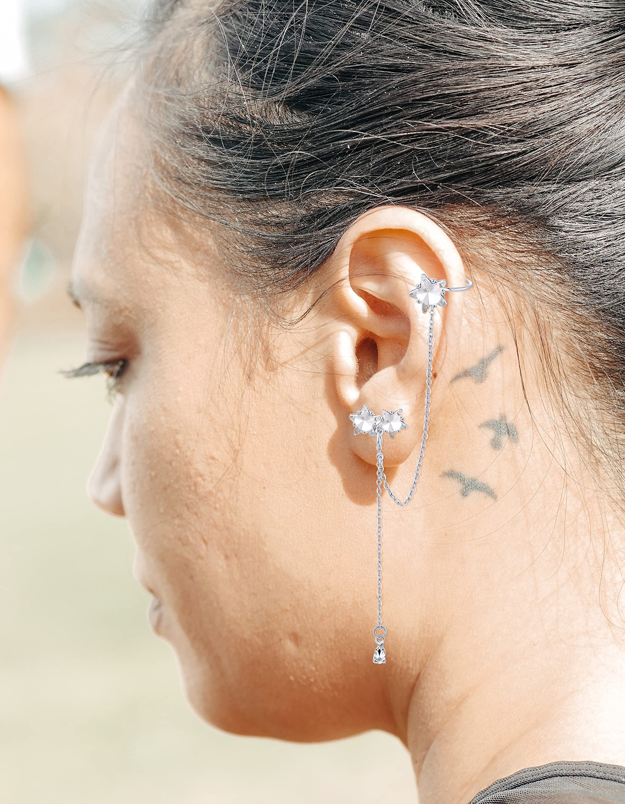 Tornito 6Pcs Cuff Earring Chain Leaf Snowflake Star Butterfly with CZ Crawler Climber Earring Studs Drop Dangling Chain Wrap Tassel Earring for Women Men 20G Silver Tone