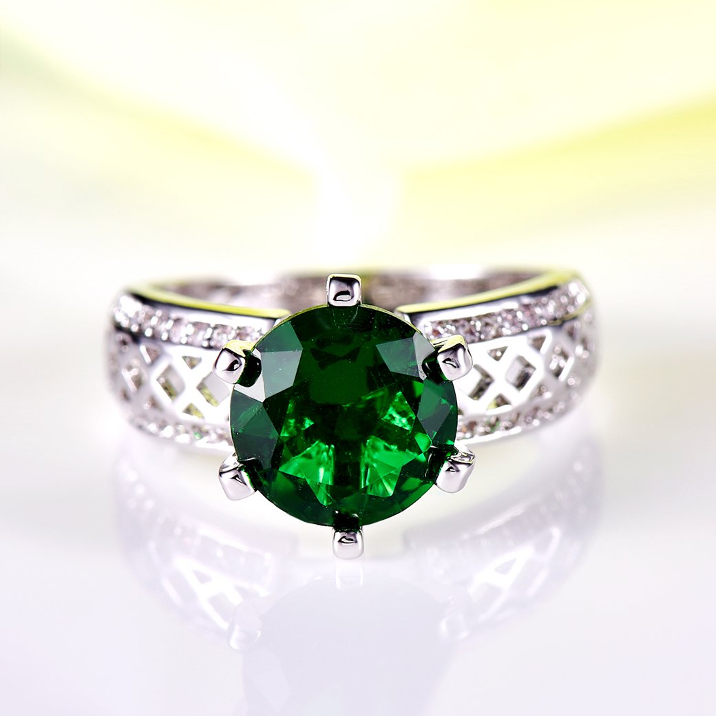 Veunora Silver Plated Round Cut Created Emerald Quartz Green Cubic Zirconia Filled Women Hollow Band Ring Size 9