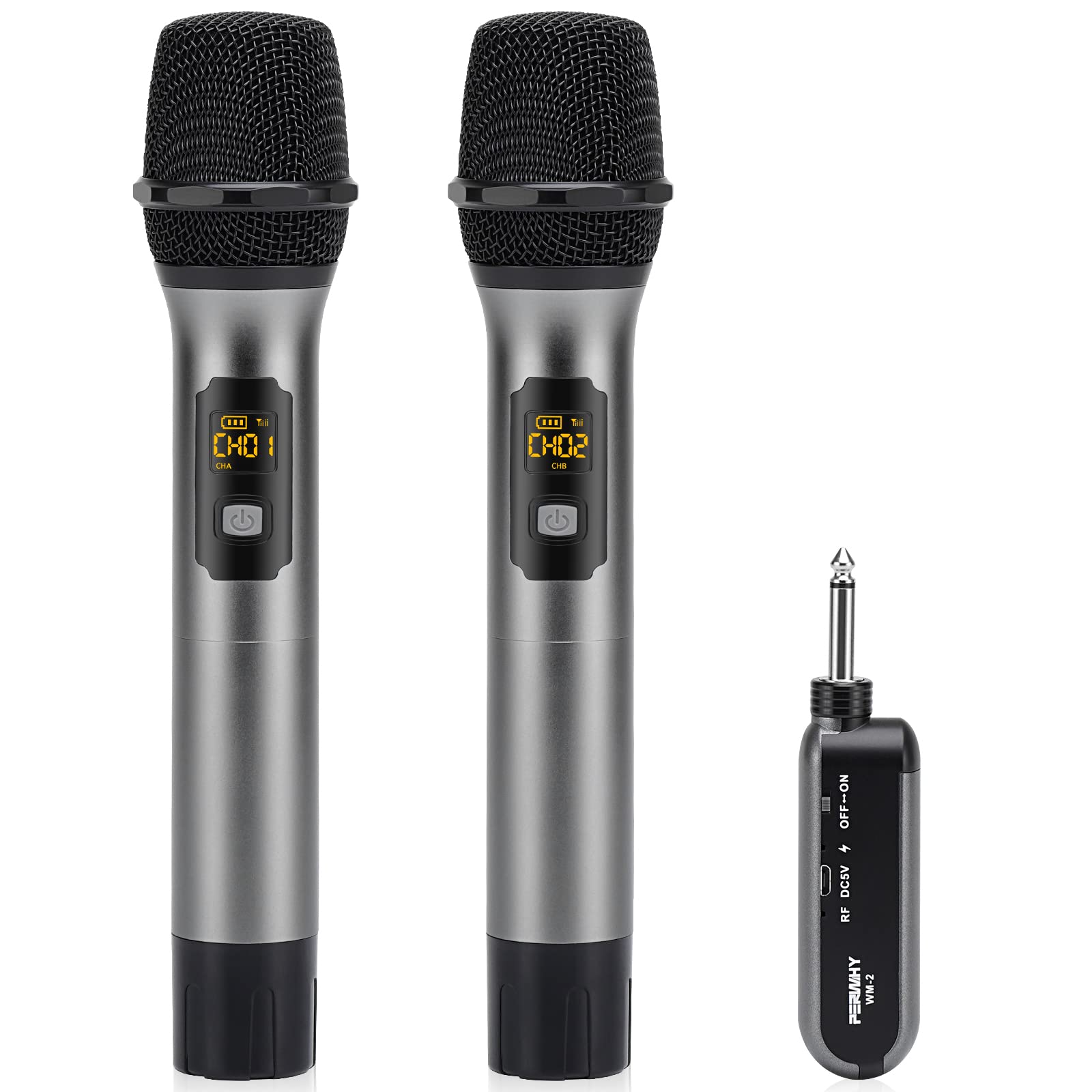 PERWHY Wireless Microphone System, UHF All Metal Cordless Dual Handheld Dynamic Mic Set with Rechargeable Receiver, for Karaoke Party, Amplifier, PA System, Singing Machine, Church, Wedding, 200ft