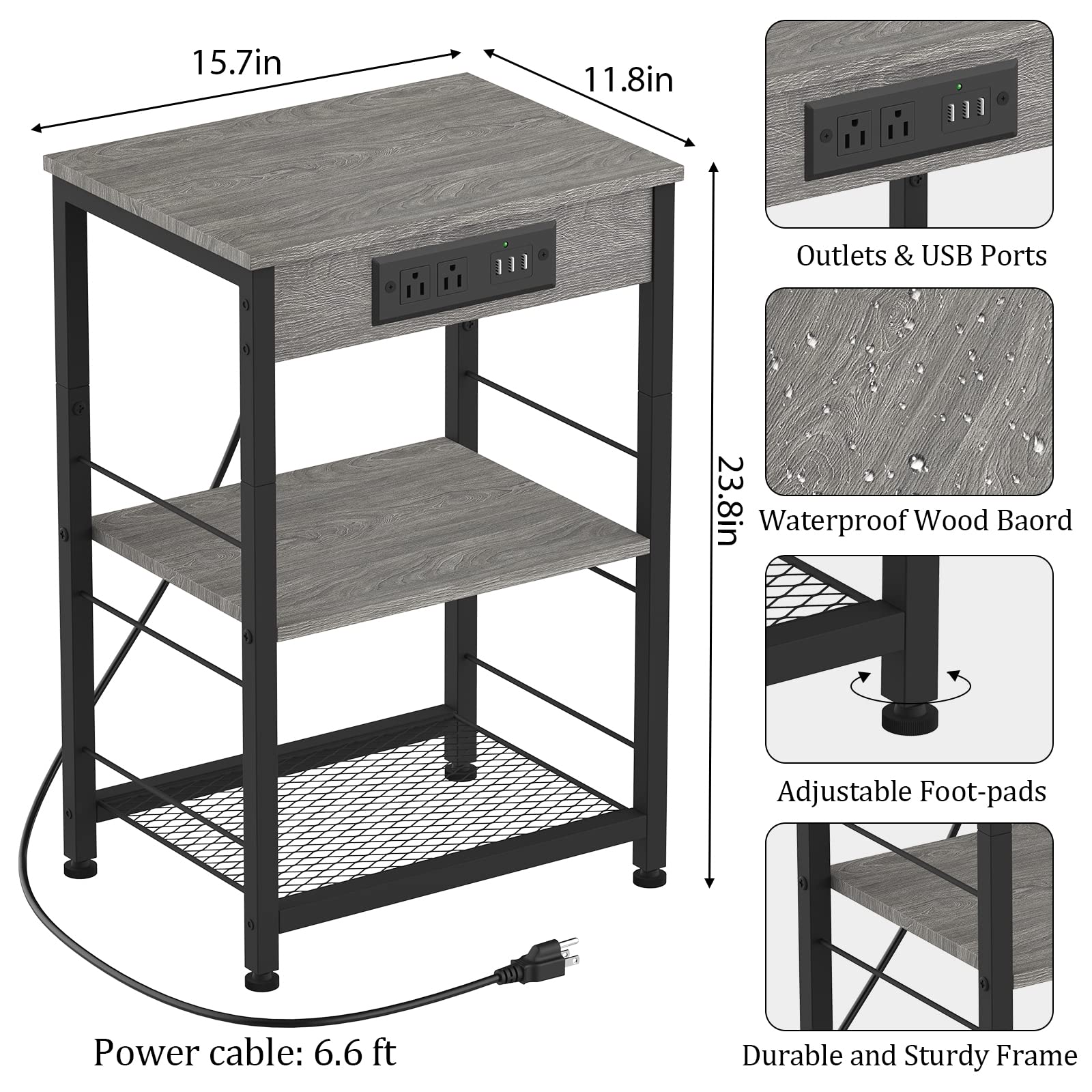 Nightstand with Charging Station, 3 Tier Side End Table with USB Ports and Outlets, Side Table Living Room with Storage shelf Modern Bedside Tables with USB for Bedroom Study, Dark Gray and Black