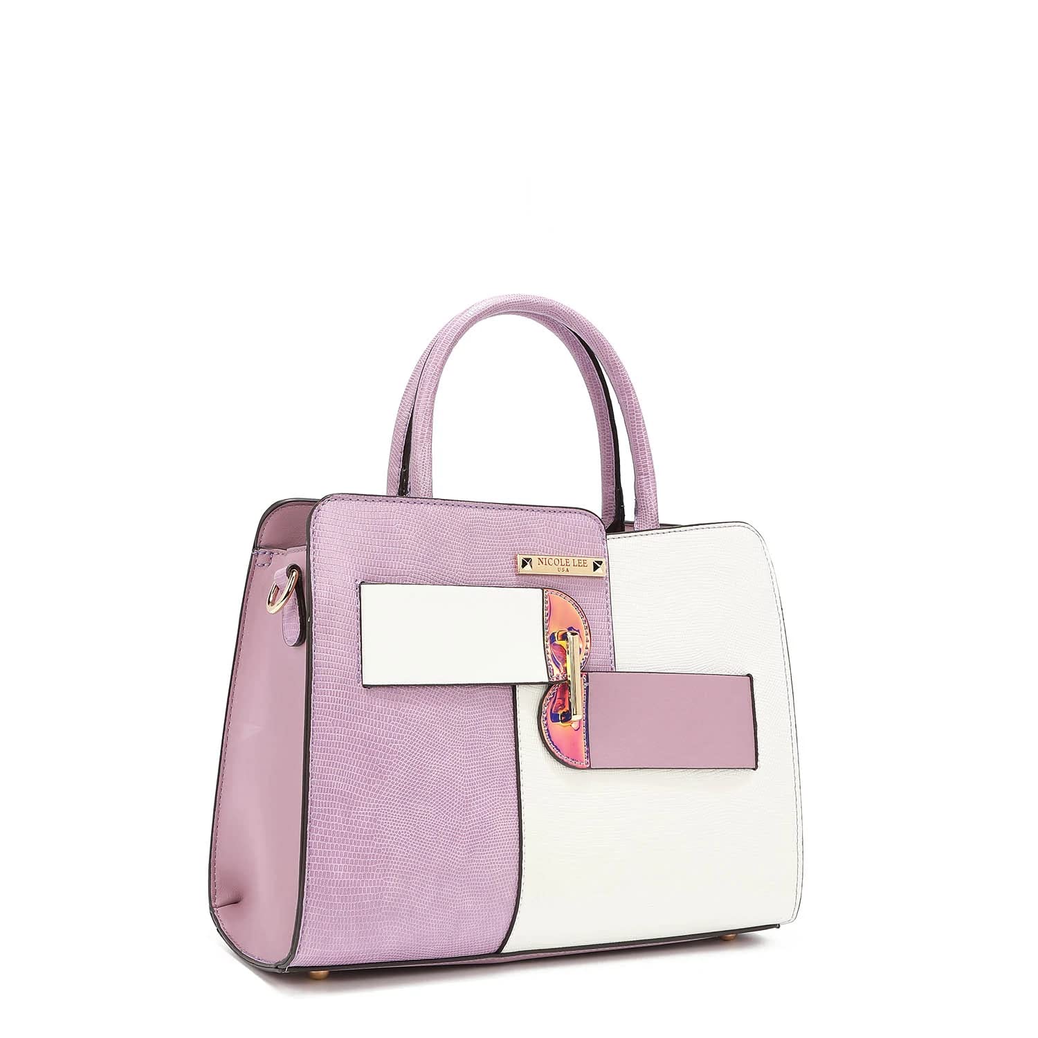Nicole Lee Gemini Structured Satchel, Dual Tone Iridescent, Faux Snakeskin Design, Medium Handbag with Optional Strap (Lavender)