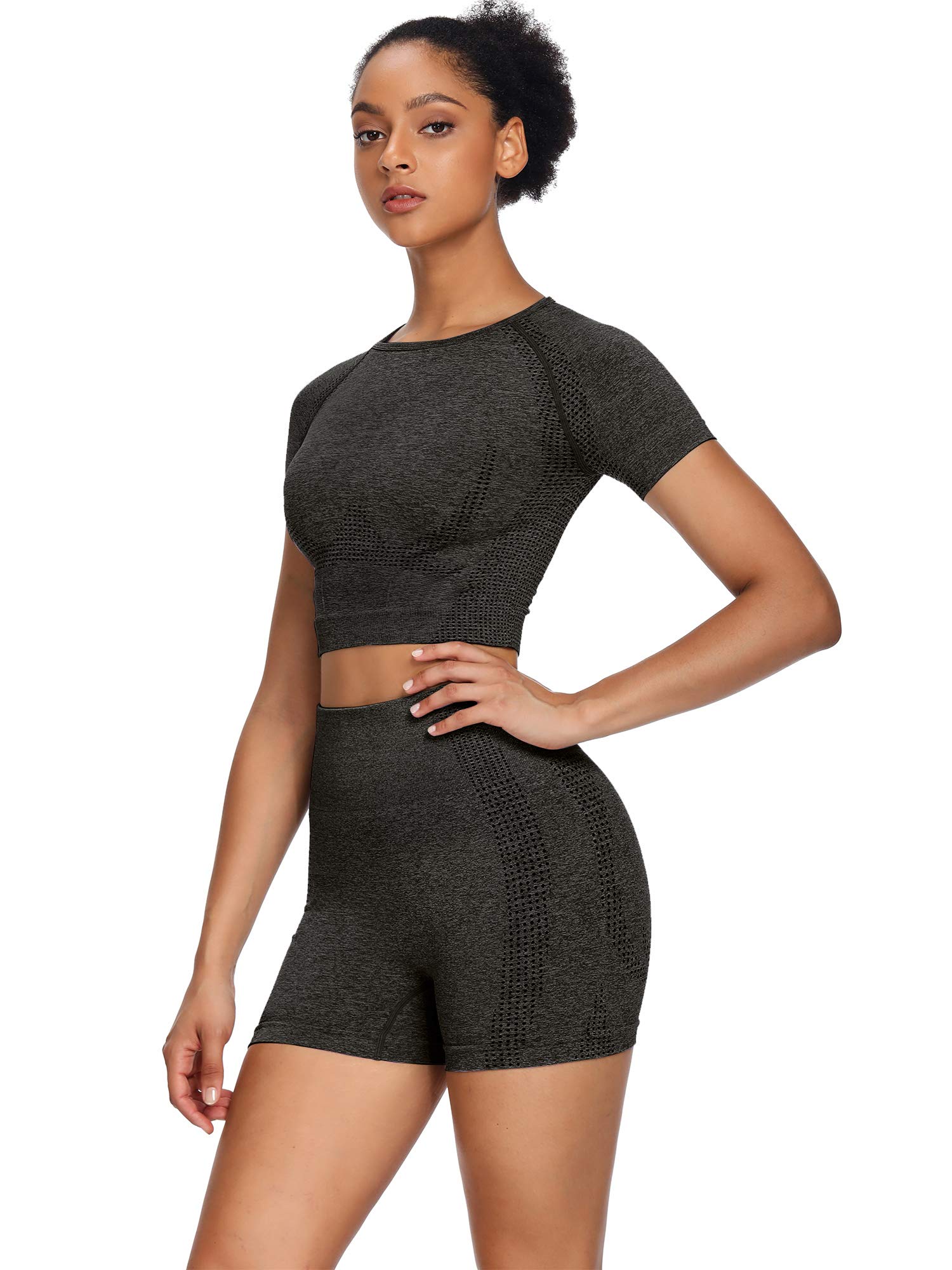 Sytiz Women Seamless Yoga Outfits 2 Piece Set Workout Gym Shorts + Short Sleeve Crop Top (sapphire blue, Medium)