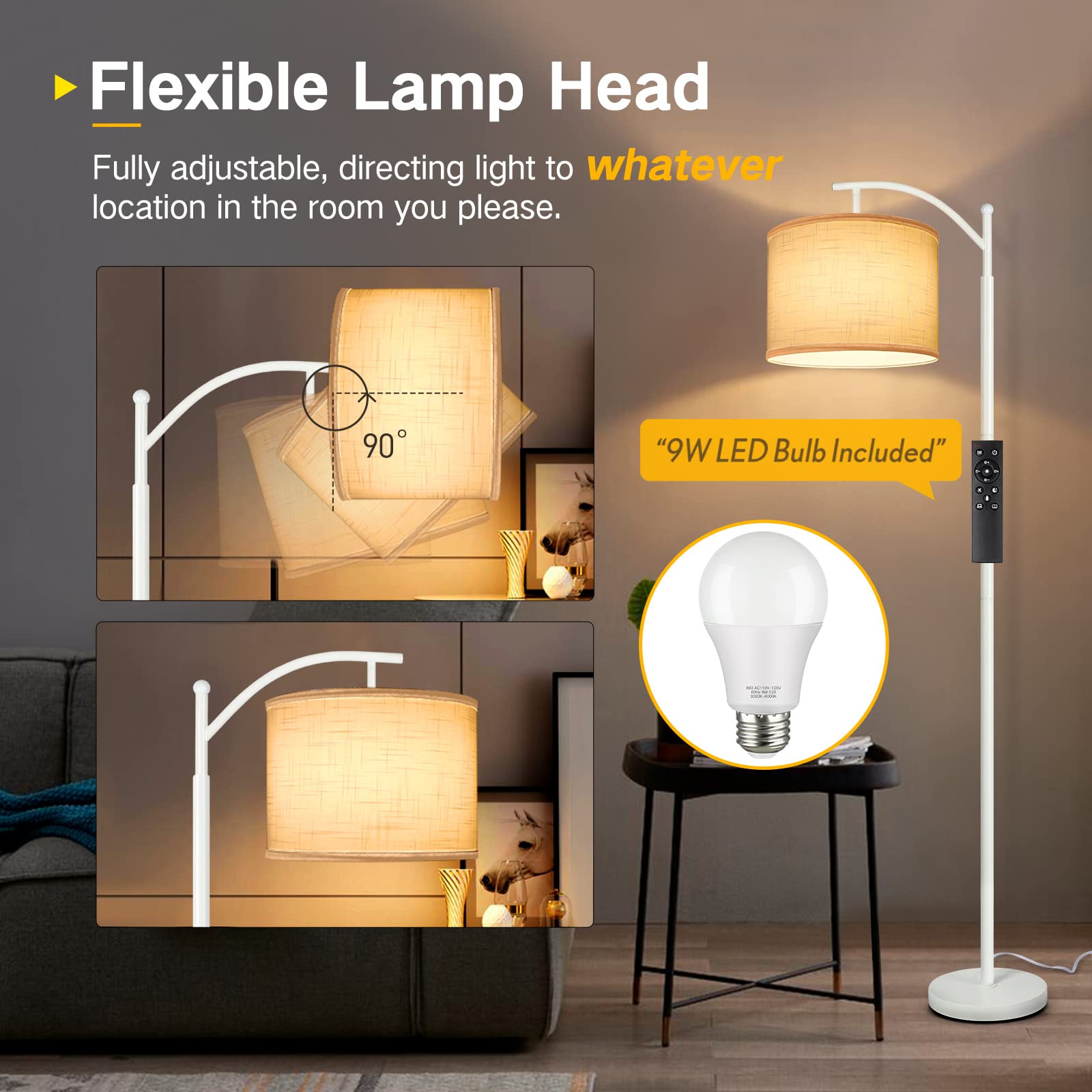 OUTON Arc Floor Lamp with Remote Control, LED Dimmable Modern Lamp with 4 Color Temperatures, Tall Standing Reading Lamp with Adjustable White Linen Shade for Living Room, Bedroom, Office, White