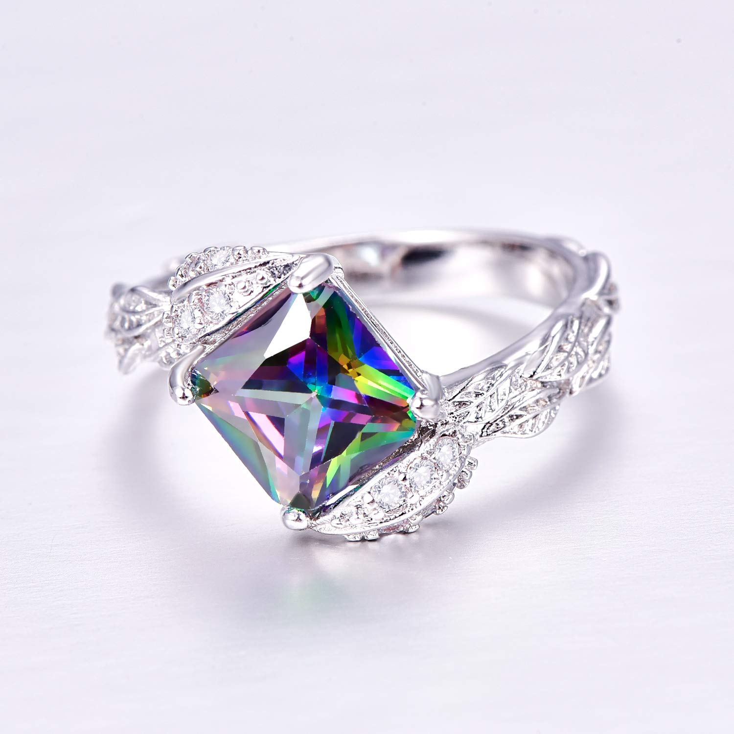 Psiroy 925 Sterling Silver Plated Created Rainbow Topaz Filled Leaf Bypass Band Princess Cut Engagement Ring for Women Size 8
