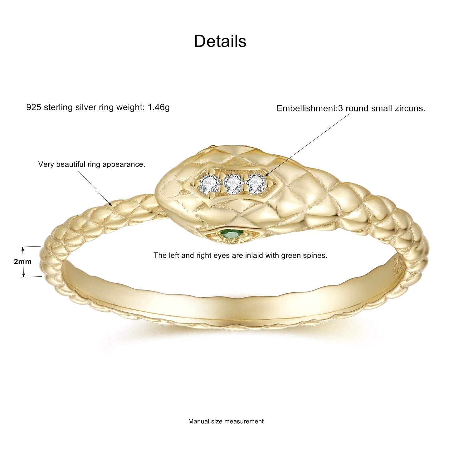 S925 sterling silver unique personality teardrop snake, eyes set with green spines, retro style zodiac animals, stackable women's rings, gifts(Size: 9)