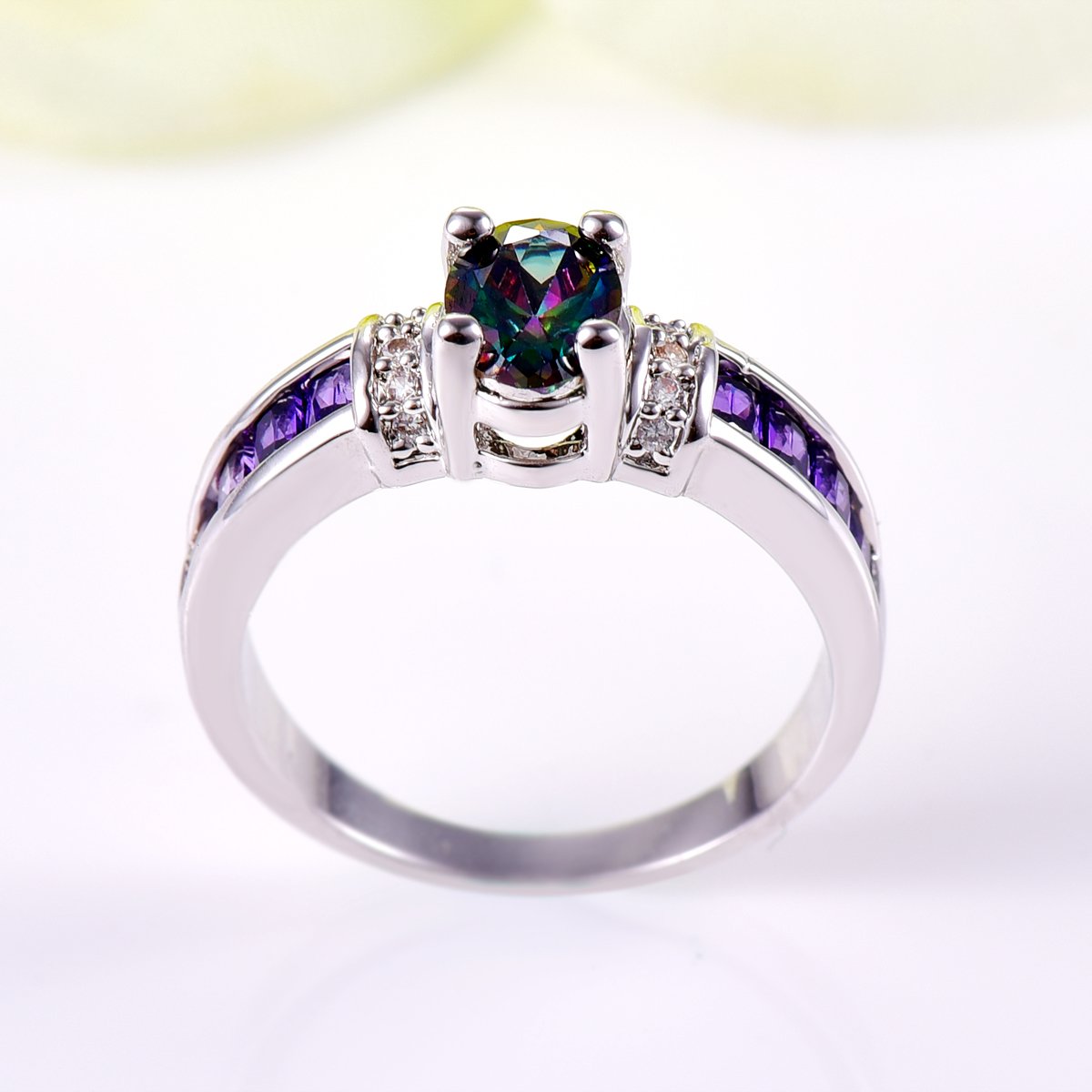 Psiroy 925 Sterling Silver Plated Created Rainbow Topaz Filled Engagement Rings Size 12