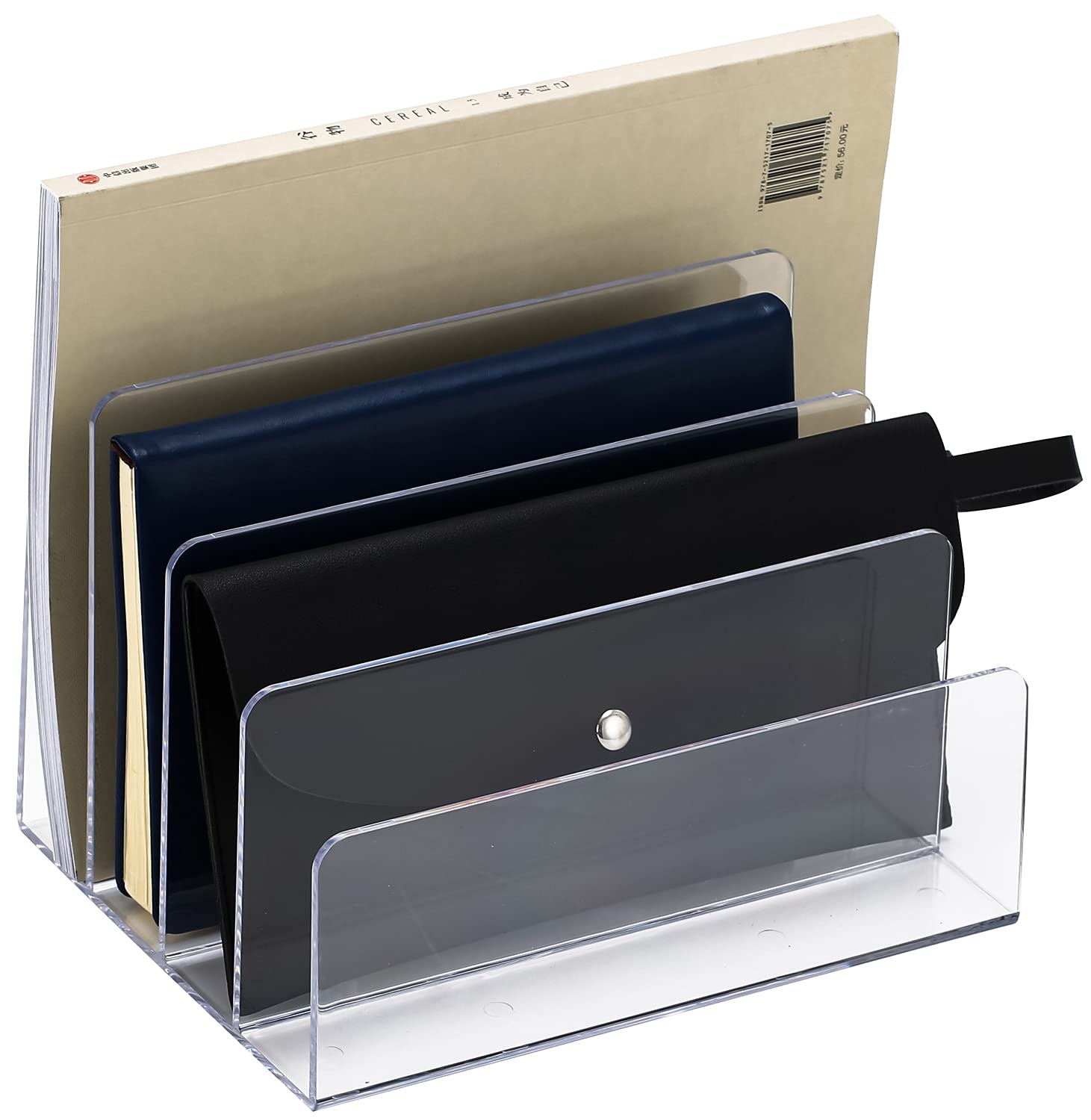 Sooyee File Organizer for Desk, Mail Organizer Countertop,4-Section File Holder for Home Office,Book Organizer,Acrylic Desk Organizer for Letter, Document, Notebook, Binder, Purse, Palette,Clear