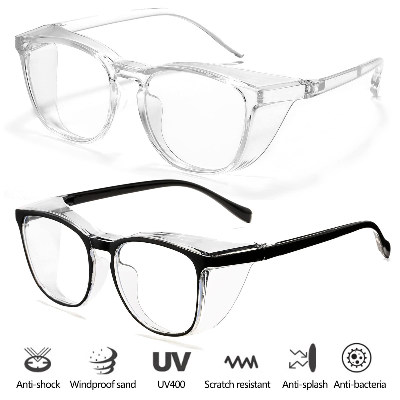 SeeBand Safety Glasses Anti Fog Round Clear Safety Goggles Scratch Resistant with Blue Light Blocking Glasses for Women Men (2 Pack Clear + Black)