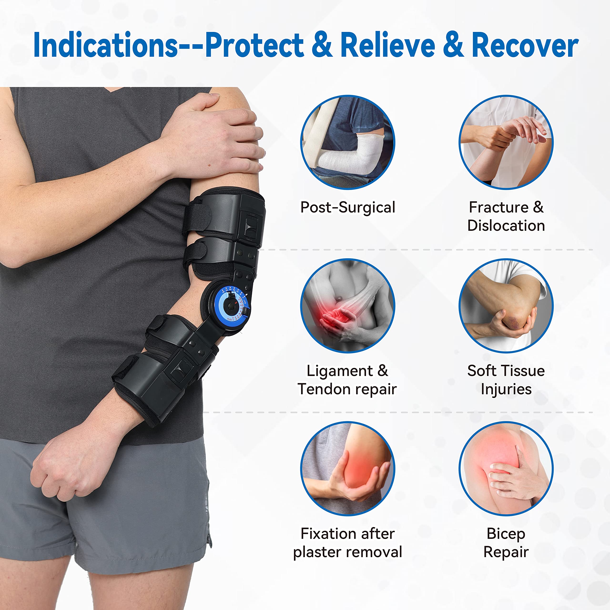 Orthomen Hinged ROM Elbow Brace, Adjustable Post OP Elbow Brace Stabilizer Splint Arm Injury Recovery Support After Surgery (Right)