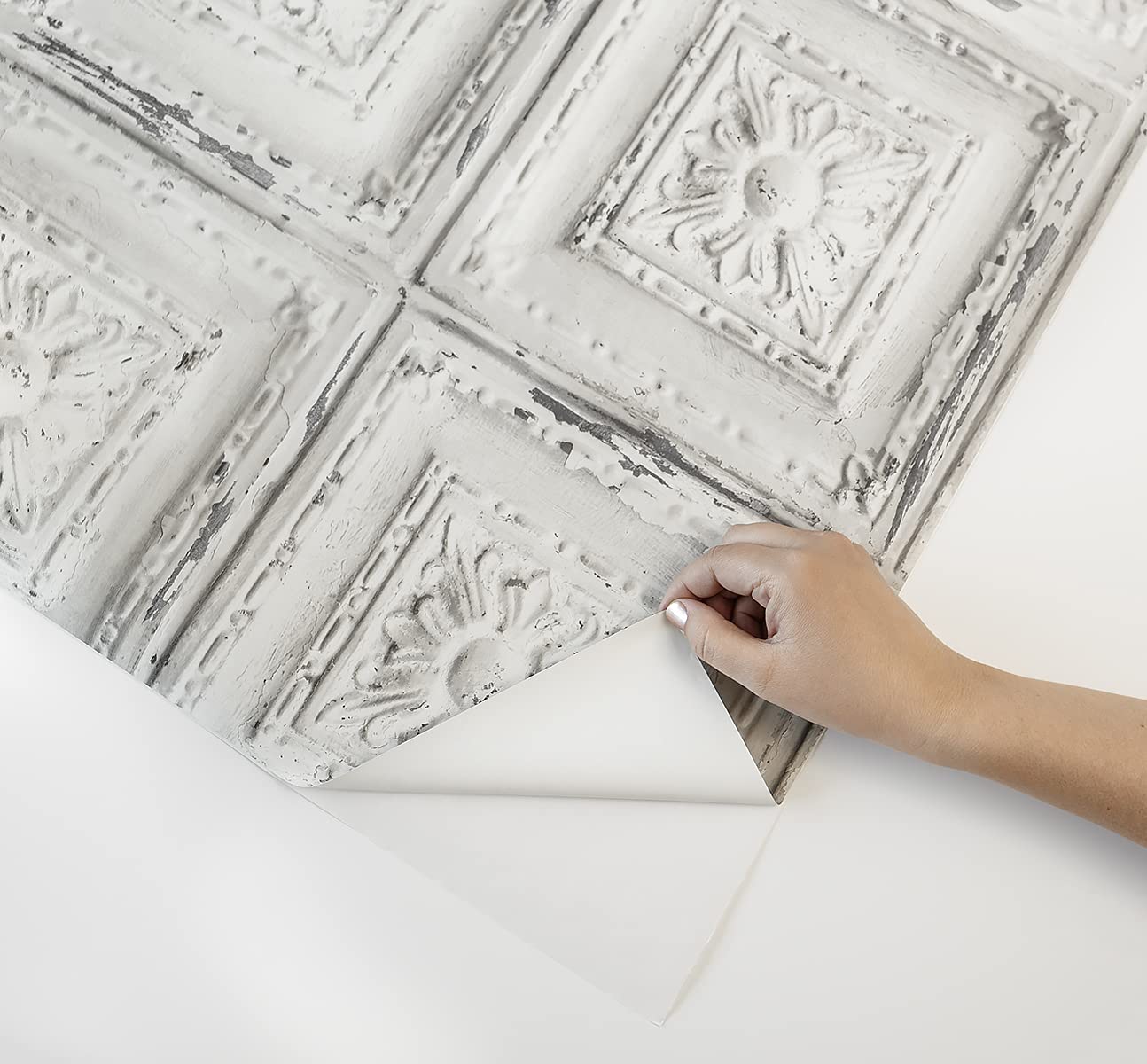 NextWall Distressed Faux Tin Tile Peel and Stick Wallpaper