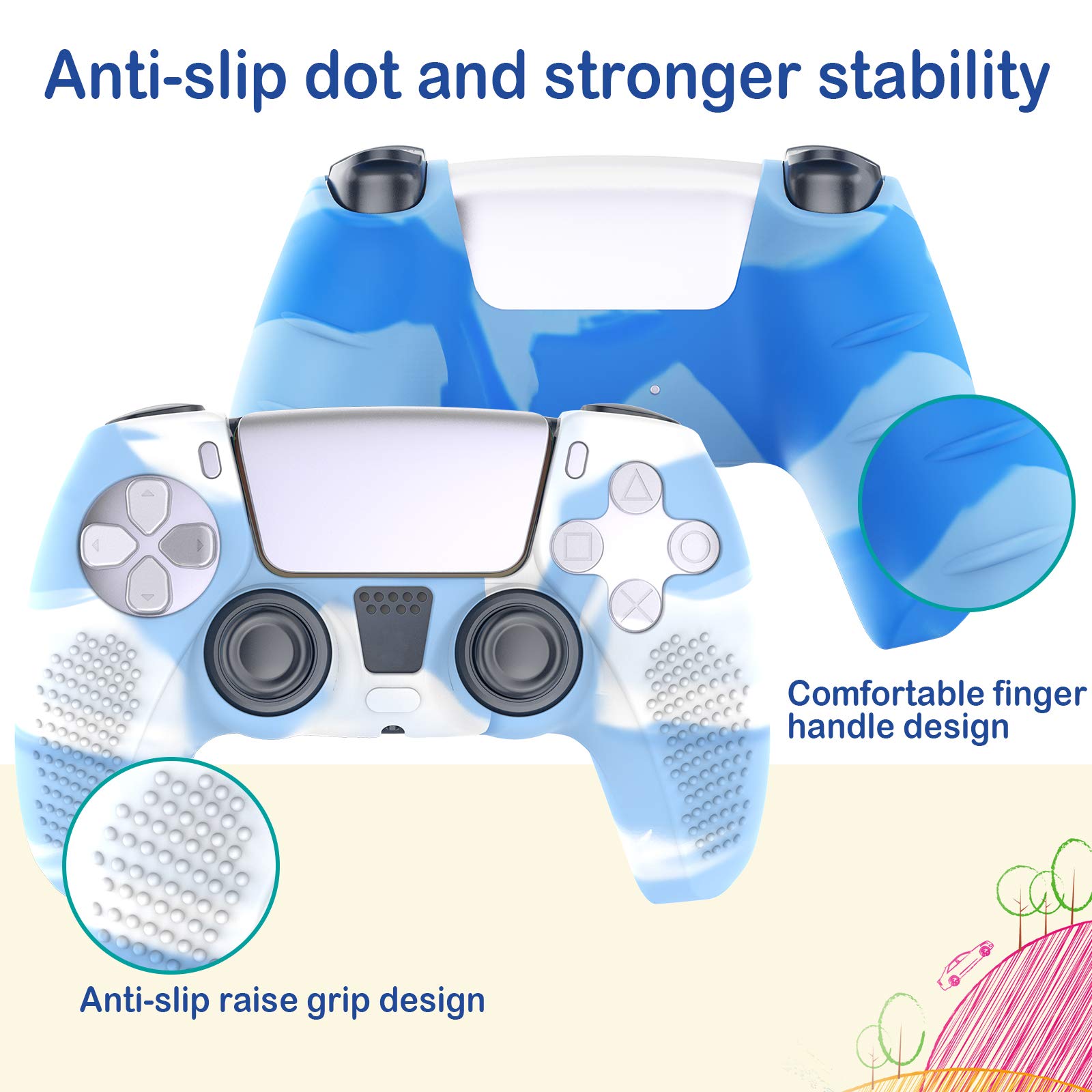 Suppeak Controller Grip Skin Cover Compatible with PS5, Printing Silicone Protective Cover Compatible with PS5 DualSense Wireless Controller with 8 Thumb Grip Caps, Light Blue+Sky Blue