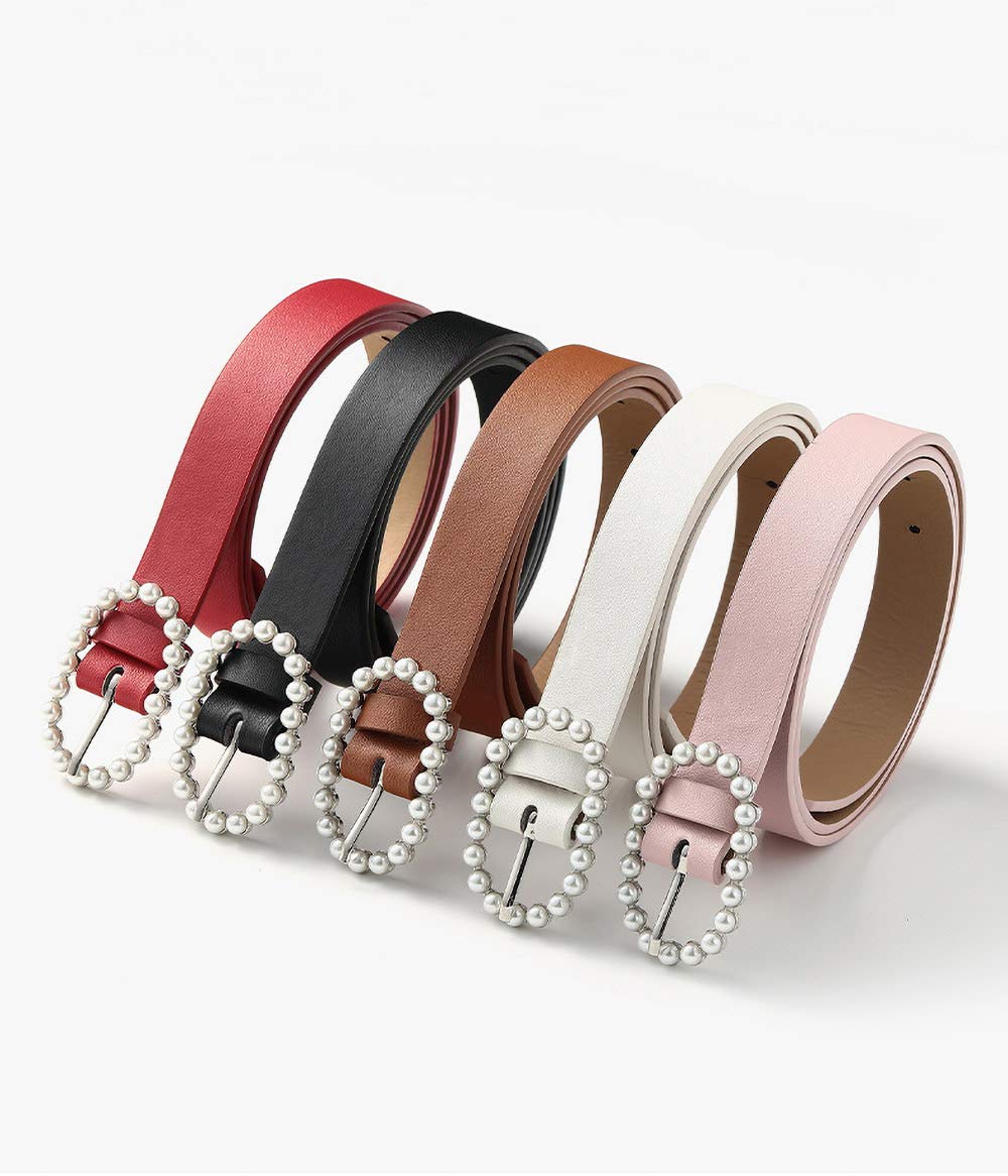 PU Leather Pearl-Hoop Bukcle Waist Belt for Jeans Girls and Womens (Red)