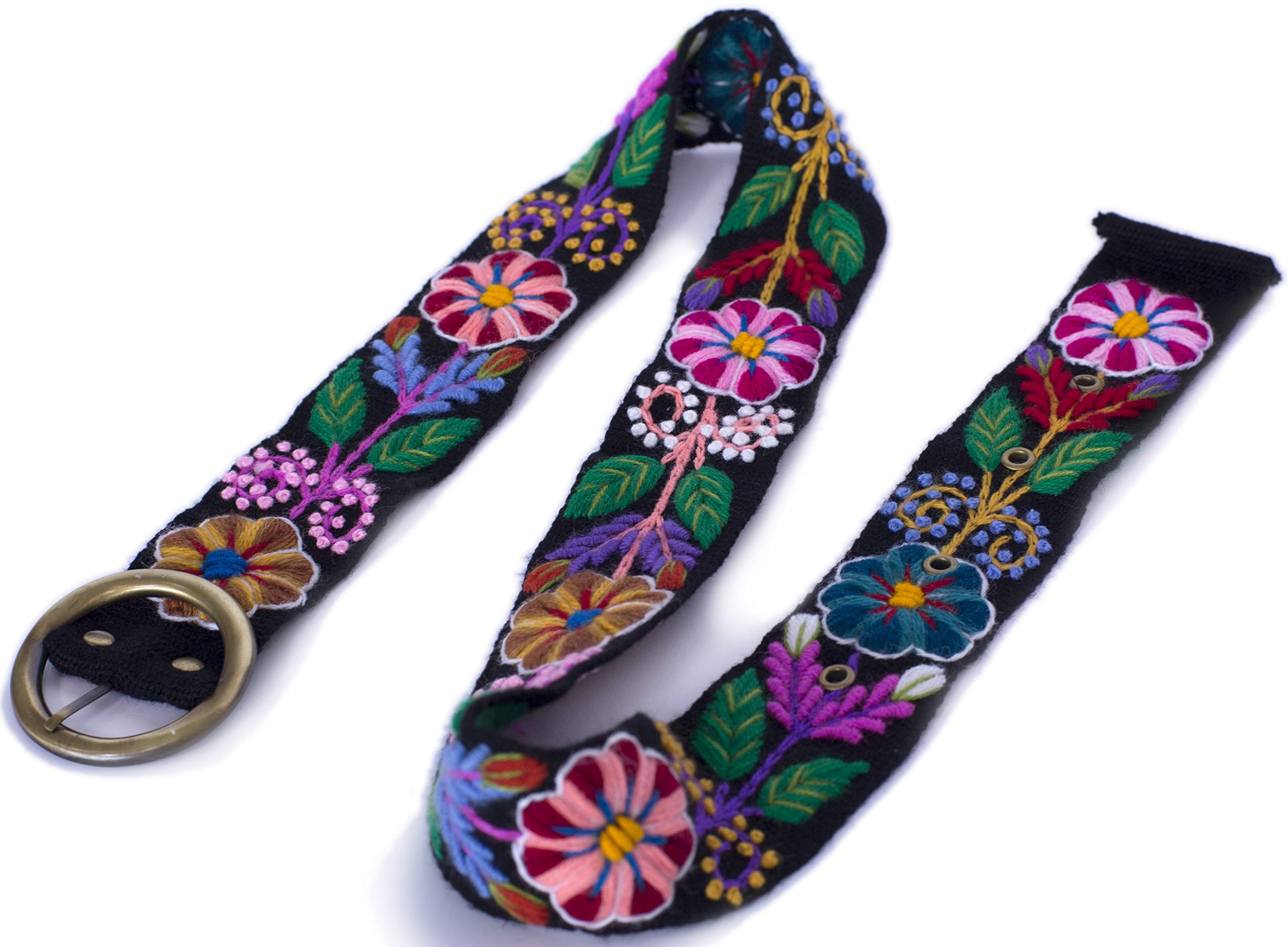 RAYMIS Womens Alpaca Wool Handmade Belt with Colorful Embroidered Flowers (Black)