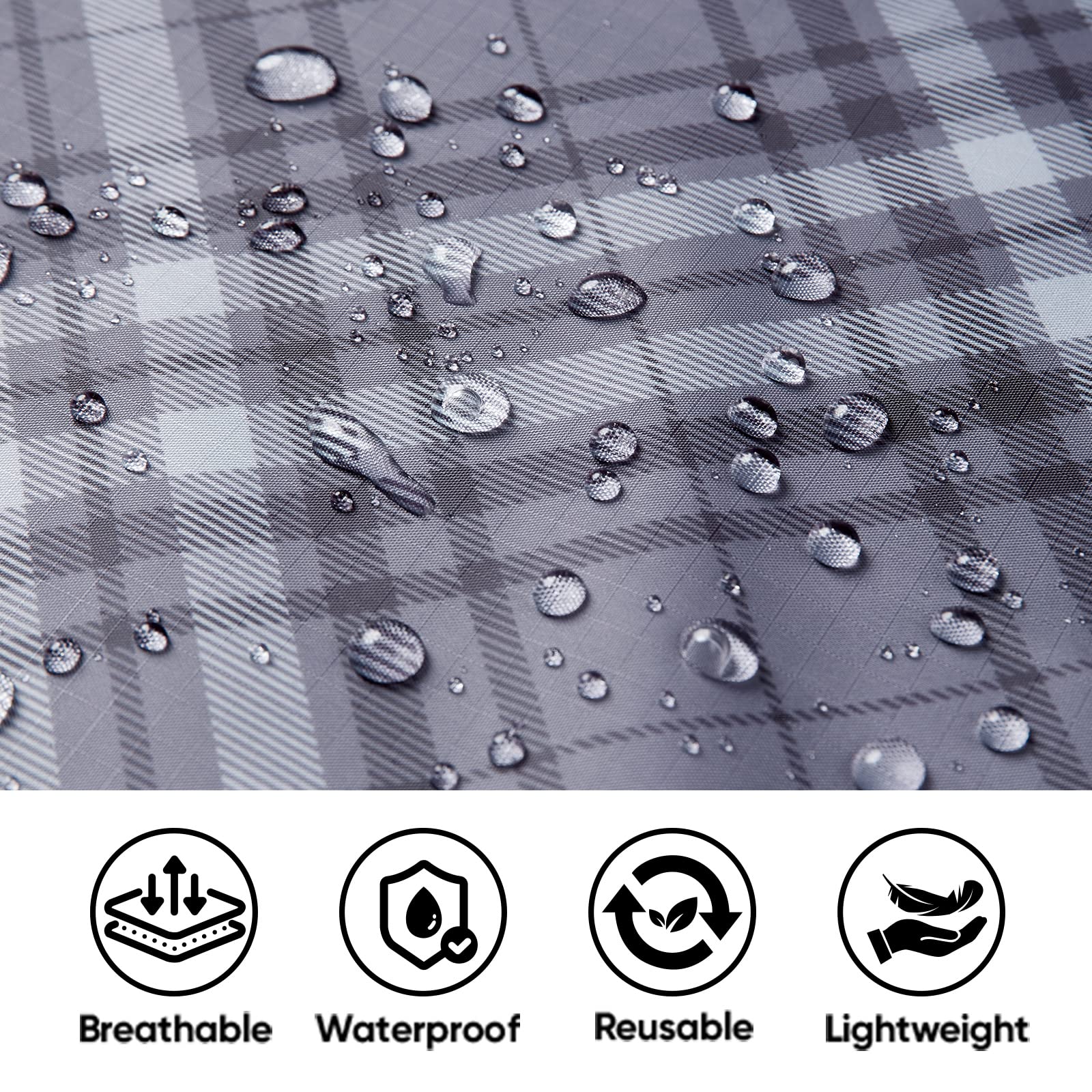 PTEROMY Hooded Rain Poncho for Adult with Pocket, Waterproof Lightweight Unisex Raincoat for Hiking Camping Emergency (Grey Grid)