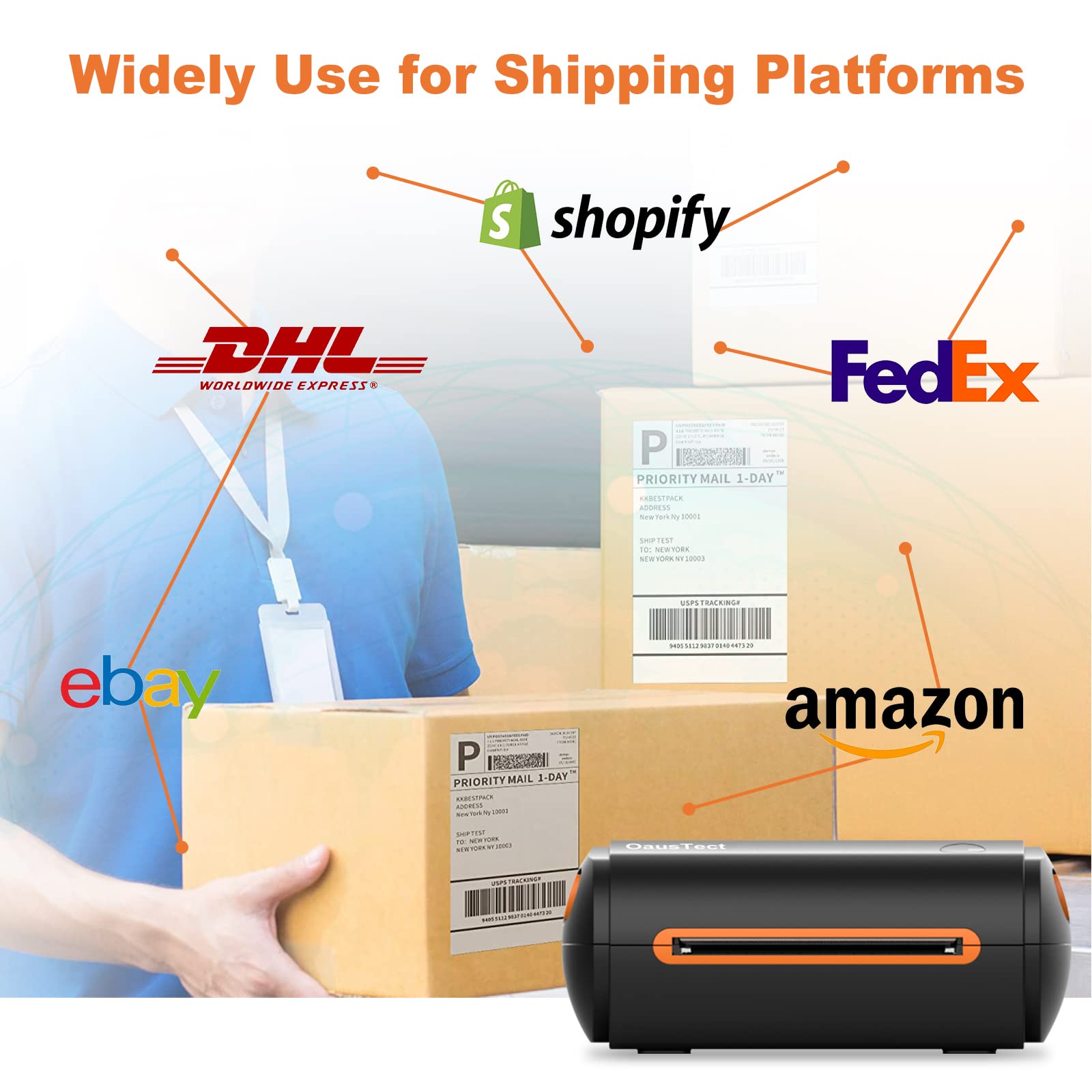 OausTect Label Printer for Thermal Shipping Stickers,Printing for 4x6 Labels, Lightweight Wireless High Speed USB Desktop Barcode Thermal Label Printer, Compatible Windows, MAC