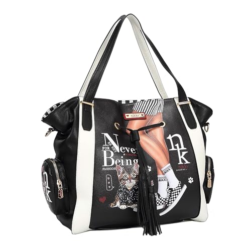 Nicole Lee Nikky Never Be Shy Shoulder Bag, Drawstring Closure Vegan Leather Bag with Multiple Pockets, Kitty Cat Fashion Print