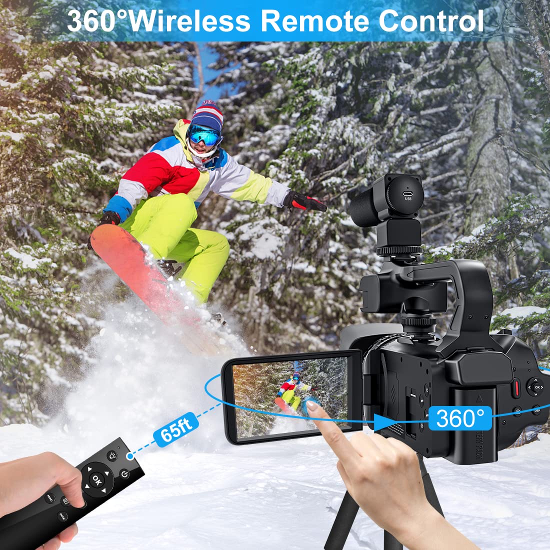 Video Camera 4K HD Newest Auto Focus Camcorder 48MP 60FPS 30X Digital Zoom Camera for YouTube LED Function 4500mAh Battery with Handheld Stabilizer, Remote Control,Microphone and 64G SD Card